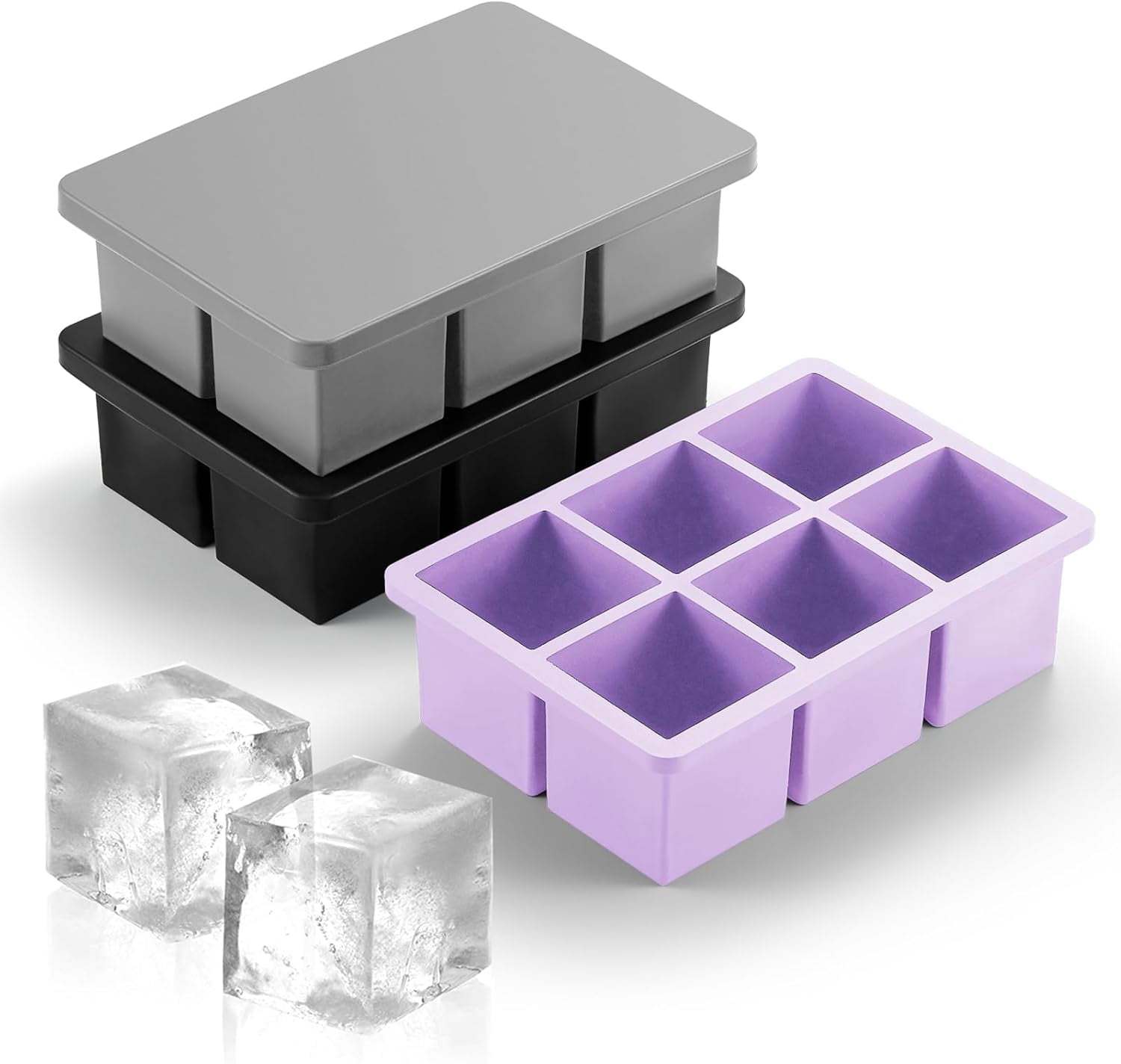 KKJIE 3 Pack Silicone Large Ice Cube Tray with Lid, Stackable Big ...