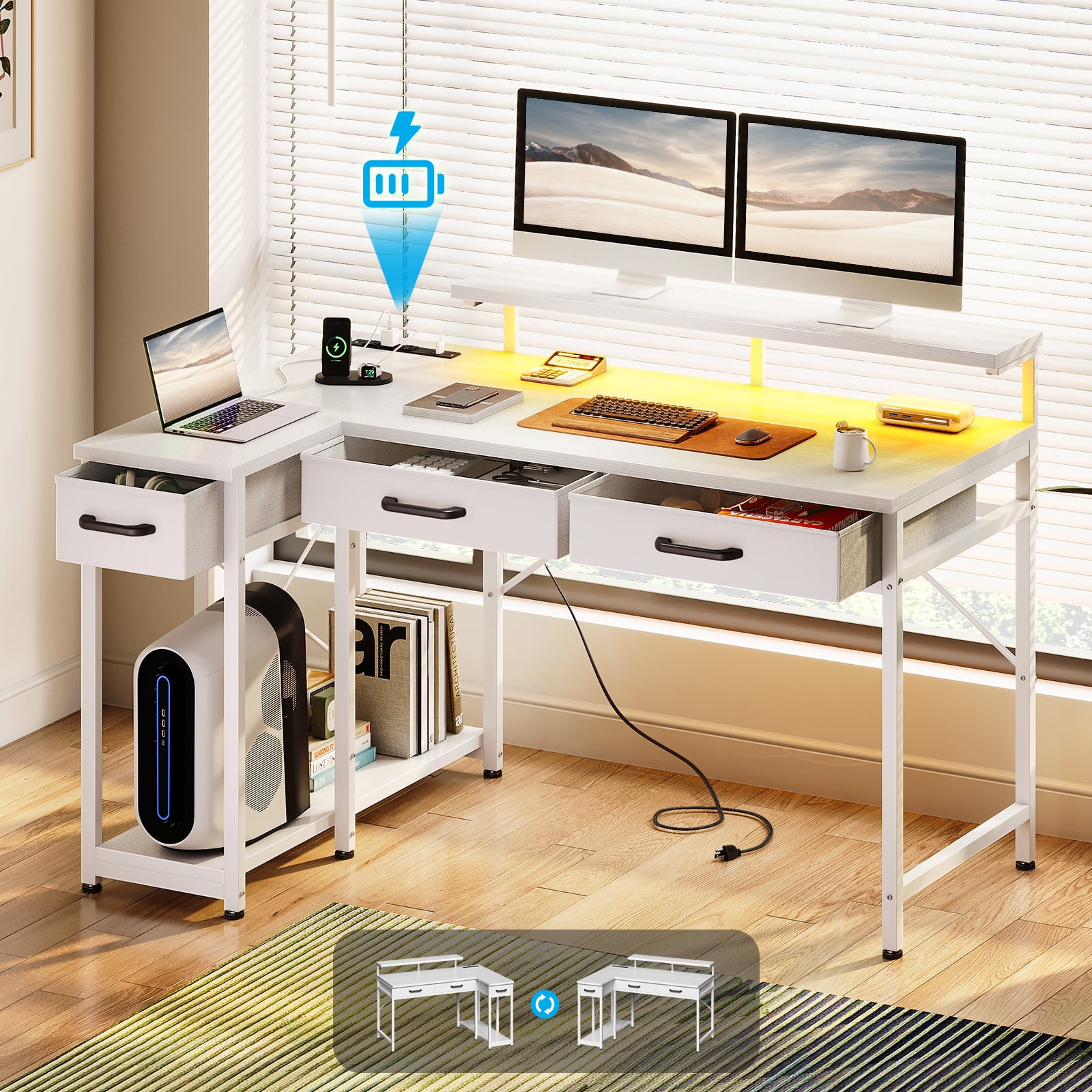 KKL 50" Reversible L Shaped Computer Desk with Drawers, Corner Desk ...