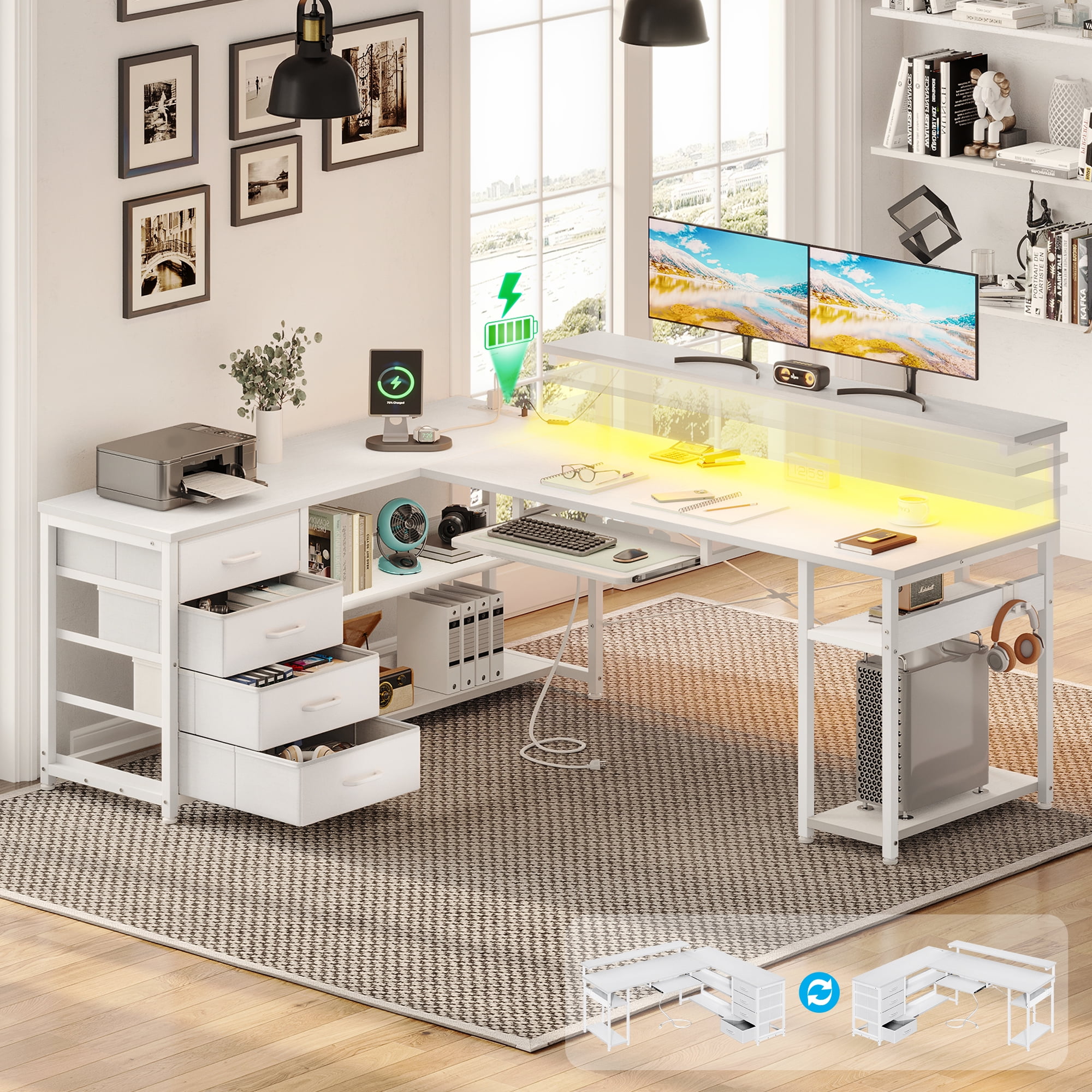 KKL 61 inch L Shaped Gaming Desk with 4 Drawers & Power Outlets, Home ...