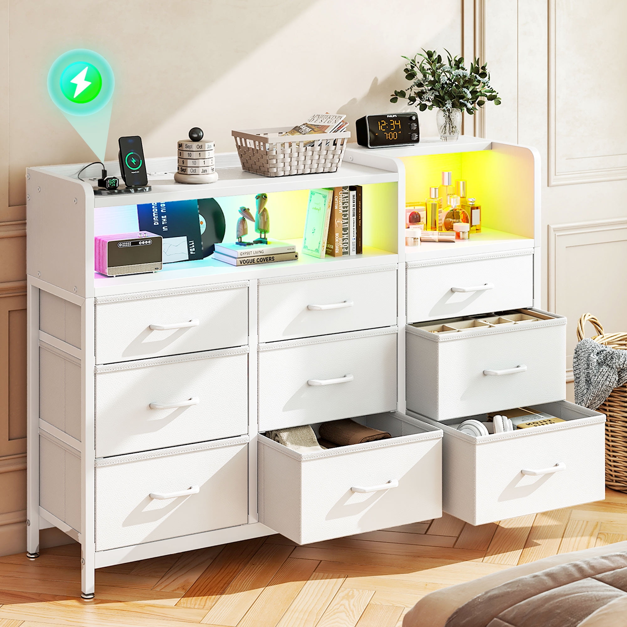 Dresser with LED Lights and Charging Station, 52-Inch Long Dresser for ...