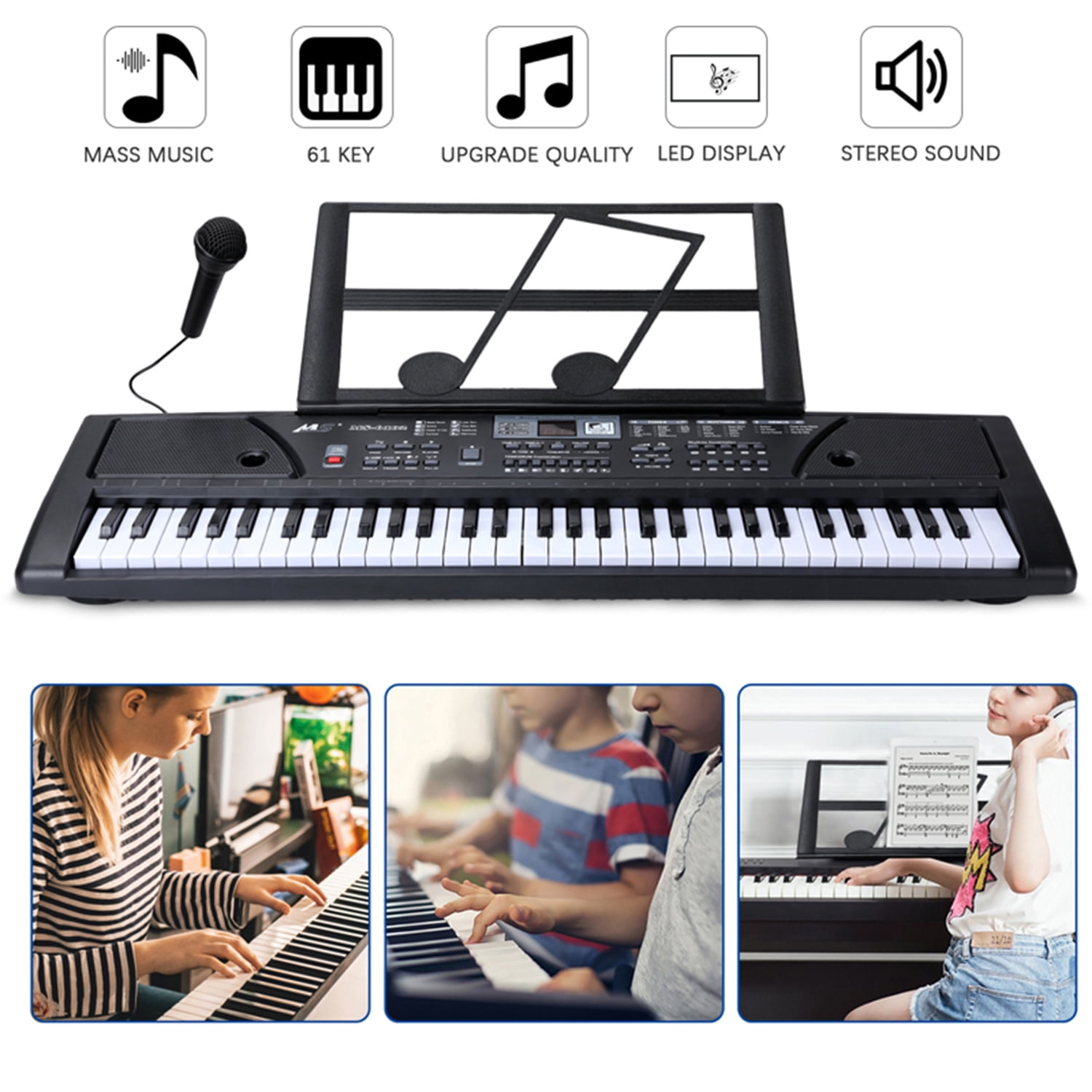 KKSQ 61-Key Electronic Keyboard for Kids & Beginners with Mic, Stand, 6 ...