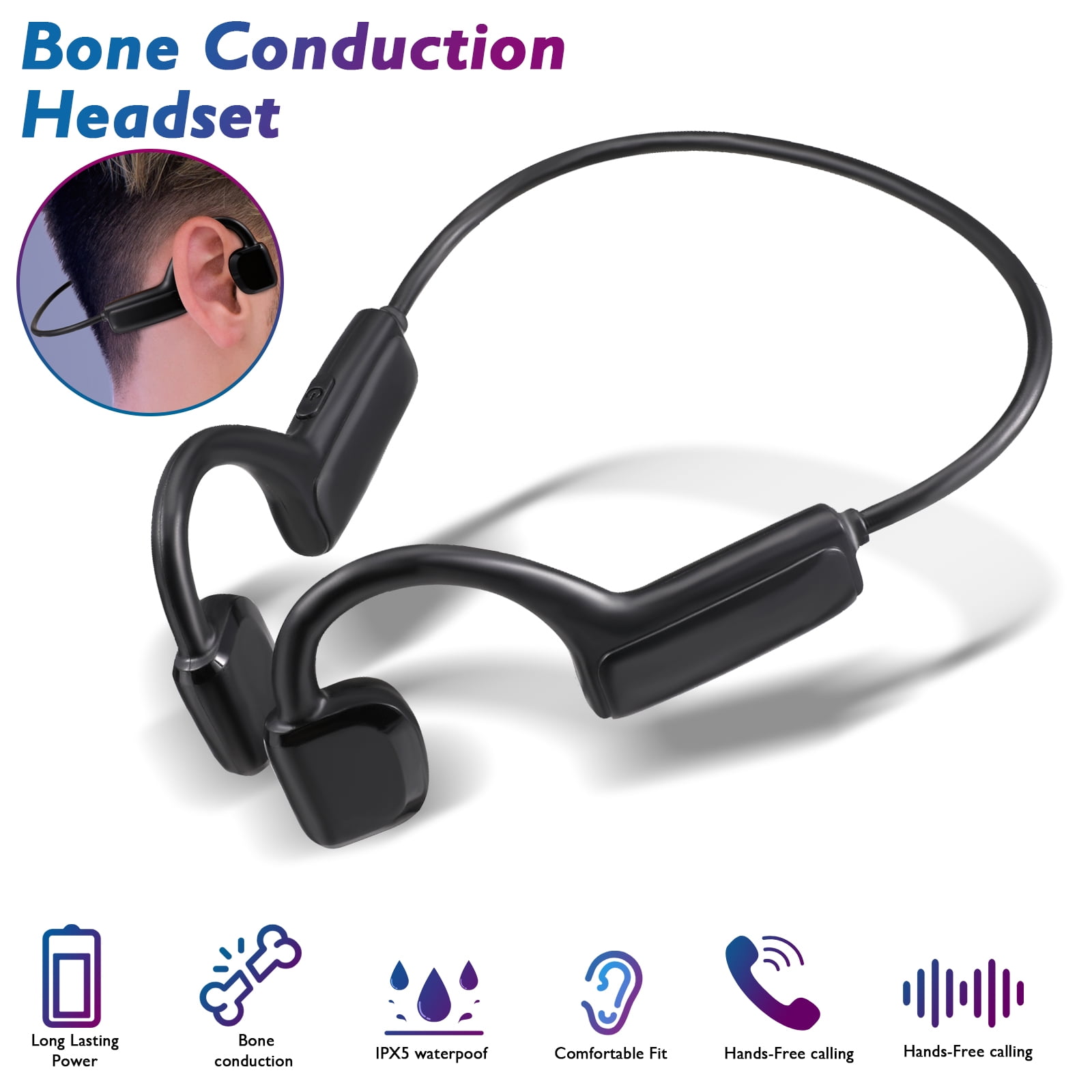 KKSQ Bone Conduction 5.1 Bluetooth Headphones 15M Wireless Open Ear ...
