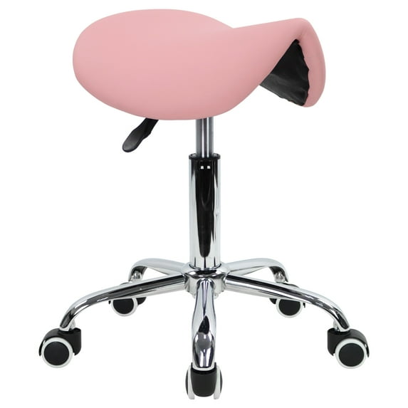 KKTONER Adjustable Height Rolling Saddle Stool, PU Leather Swivel Chair with Wheels, Pink ...