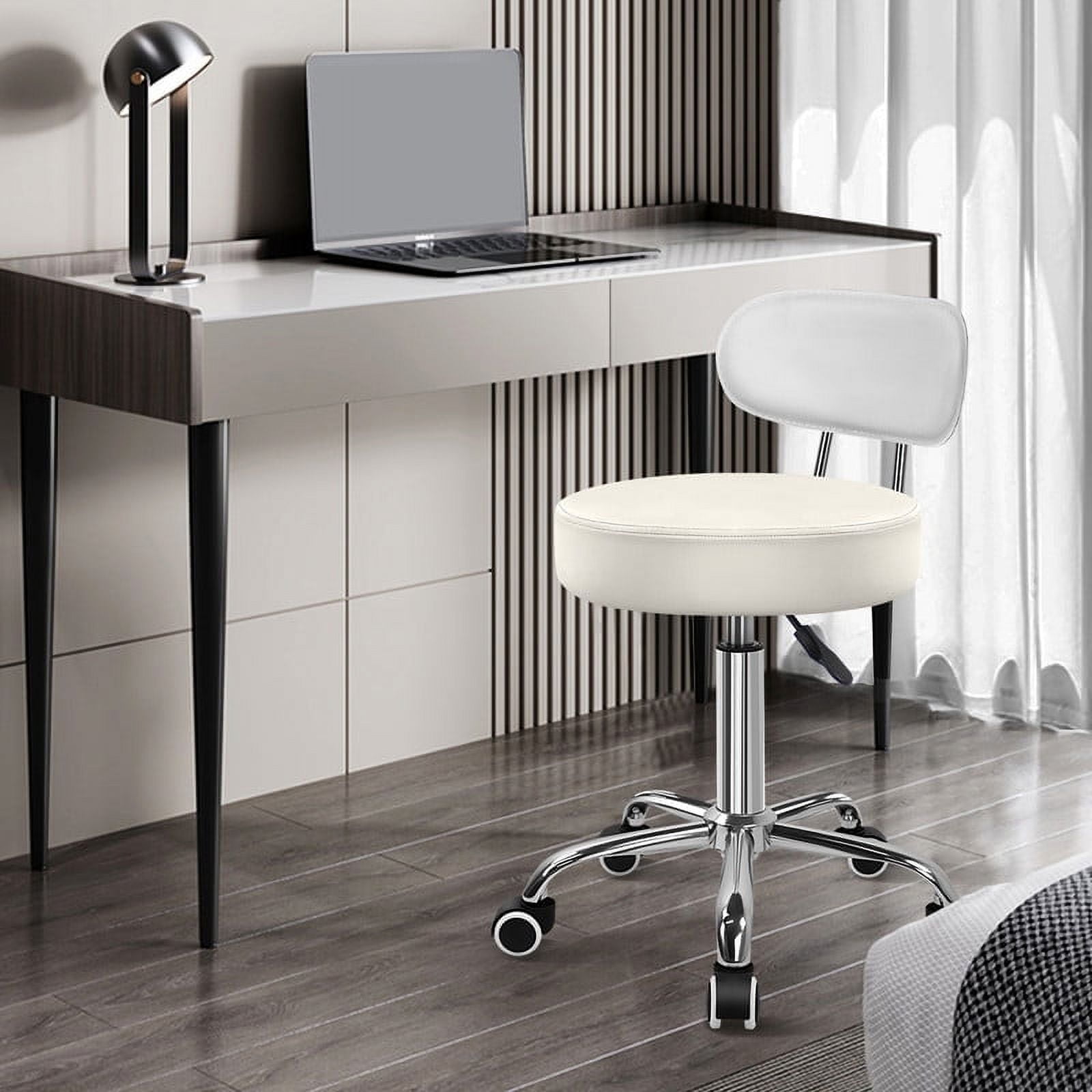 KKTONER White PU Leather Rolling Stool with Mid Back Modern Adjustable ...