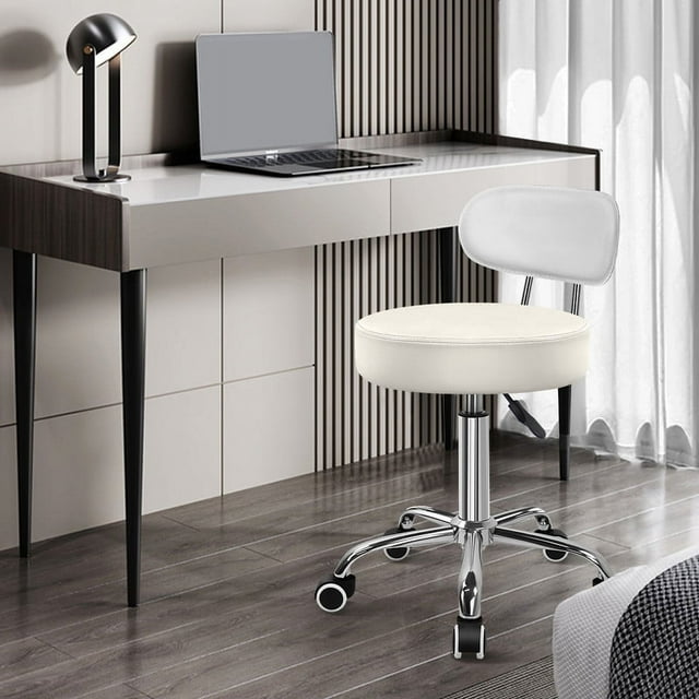 KKTONER White PU Leather Rolling Stool with Mid Back Modern Adjustable ...