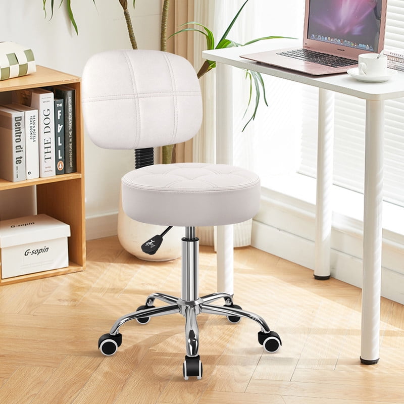 KKTONER White Round Stools on Wheels Rolling Stools with Backrest ...