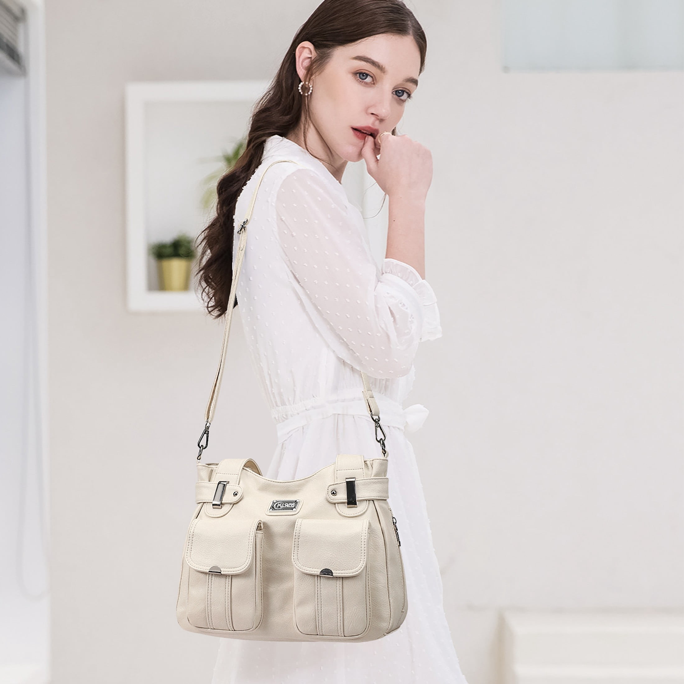 KL928 New Crossbody Purse Multi-Pockets PU Leather Tote Bag for Female (Beige) - Walmart.com