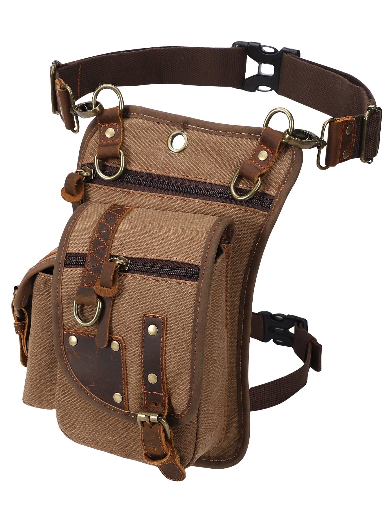 KL928 Vintage Canvas Waist Bag with Leather Accents, Multi-Pocket ...