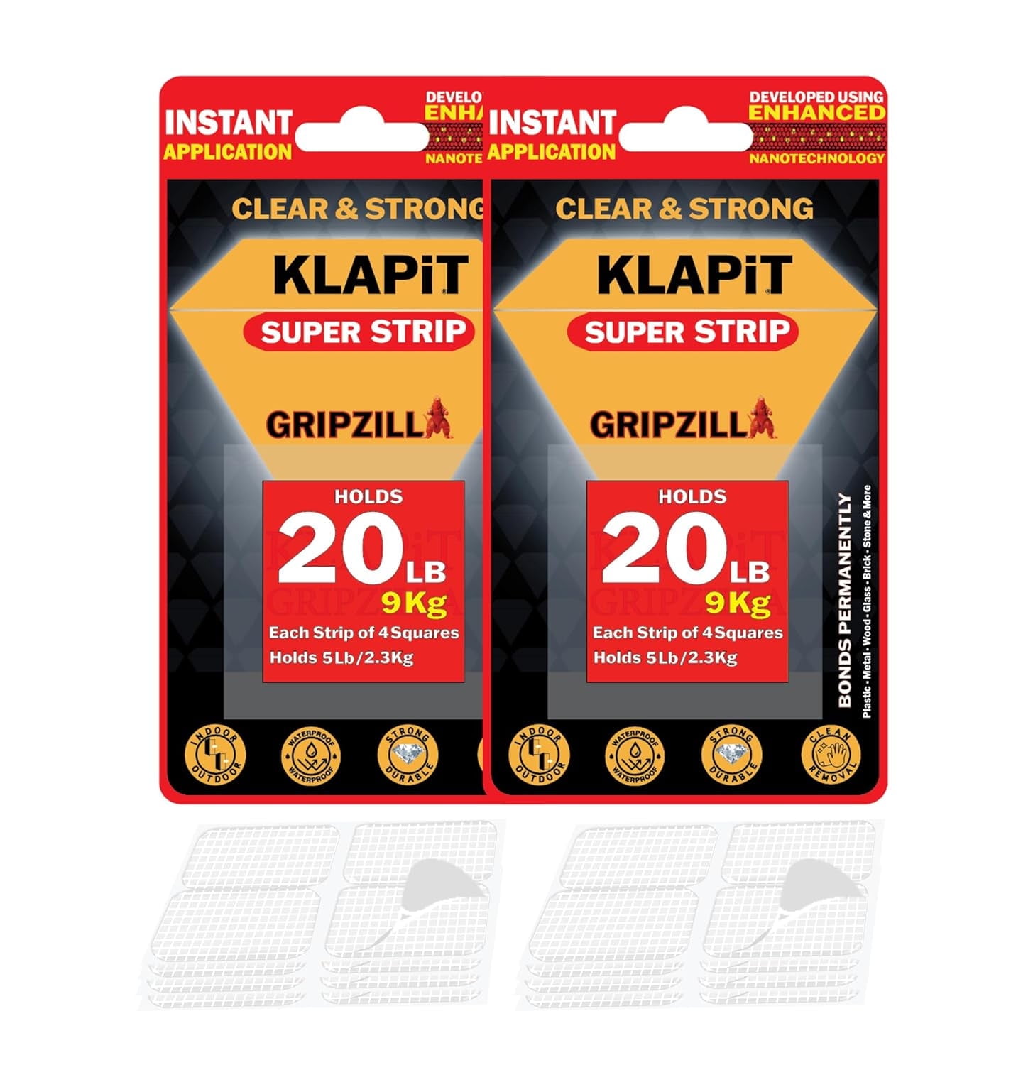 KLAPiT Super Strip GRIPZILLA, 32 Pcs Double-Sided Nano Mounting Squares ...