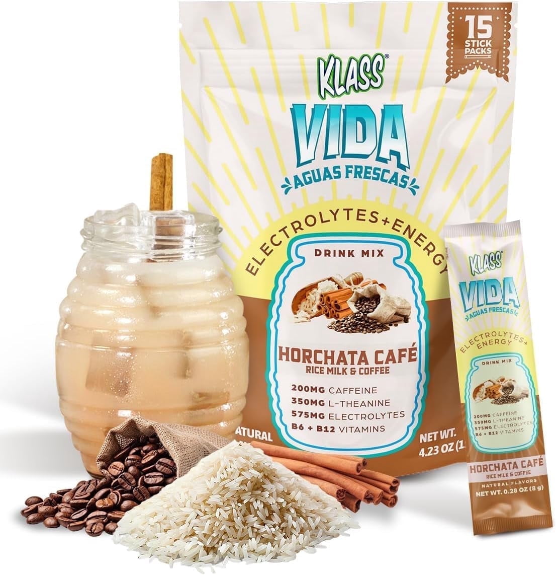 Klass Vida Hydration + Energy Electrolyte Drink Mix, 15 Sticks, Coffee ...