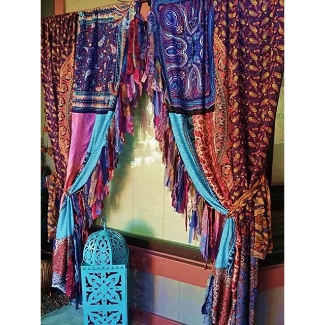 KLAVATE Indian Saree Silk Curtain Patchwork Saree Bohemian Ethnic Wall ...