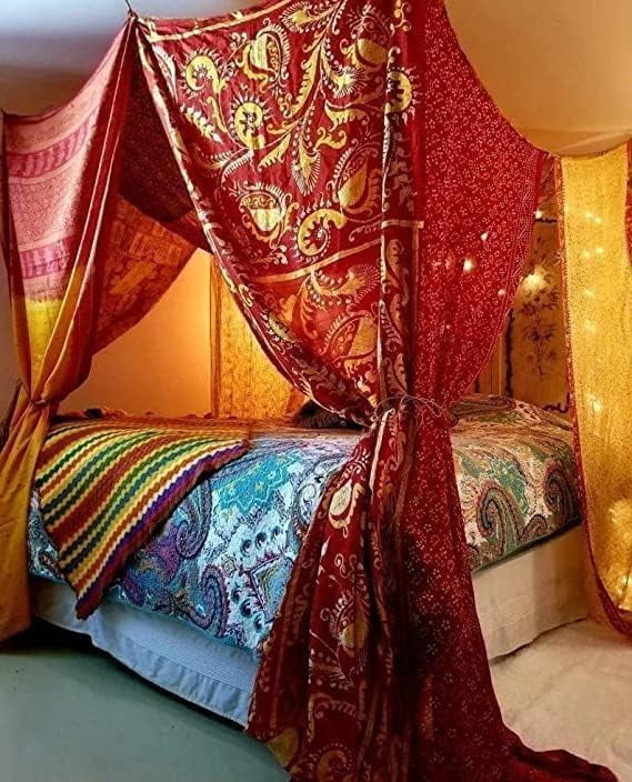 KLAVATE Silk Indian Saree Bed Canopy Ethnic Wedding Backdrop Full Queen ...