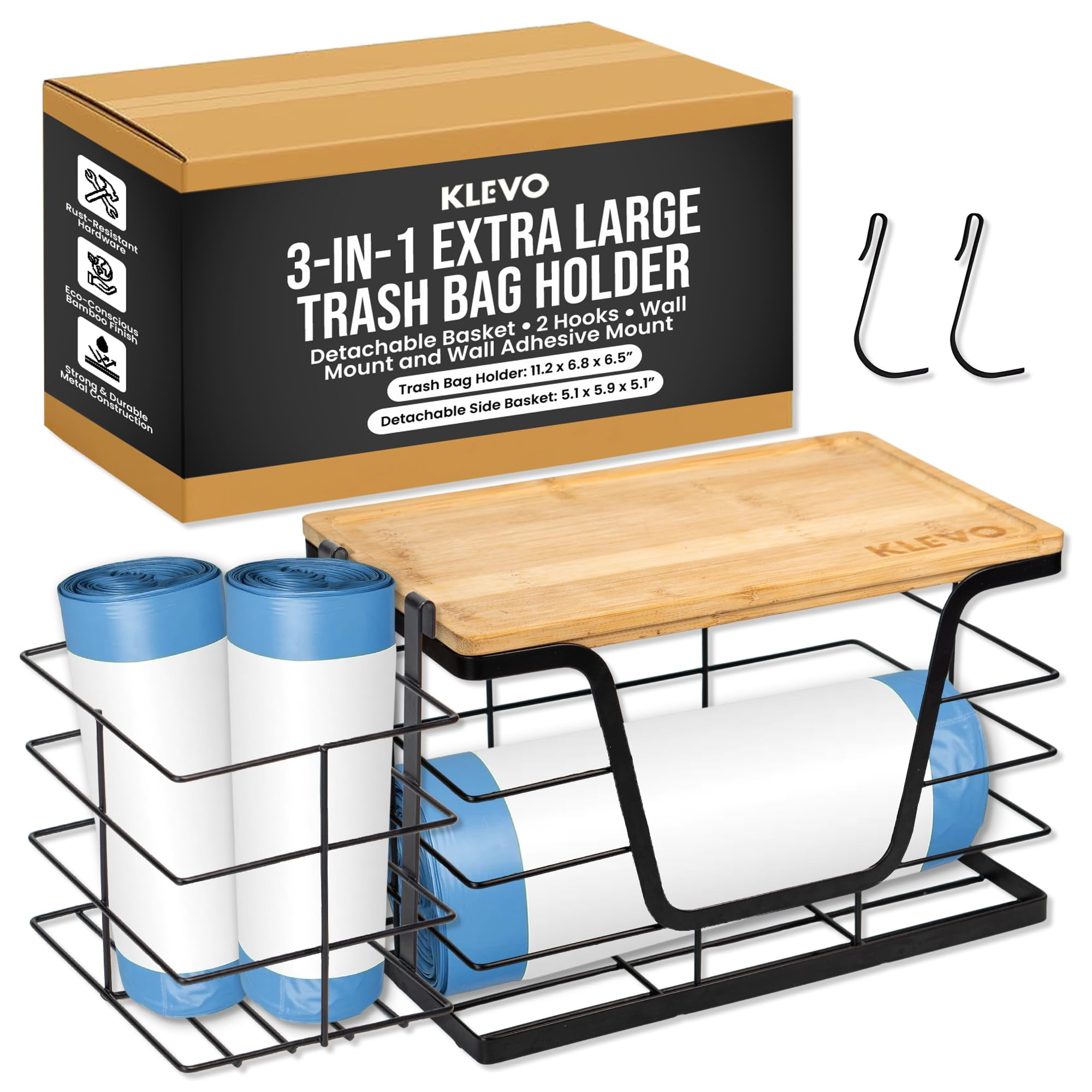 KLEVO 3-in-1 Trash Bag Holder - Extra Large Dispenser with Detachable Basket, 2 Hooks & Adhesive ...