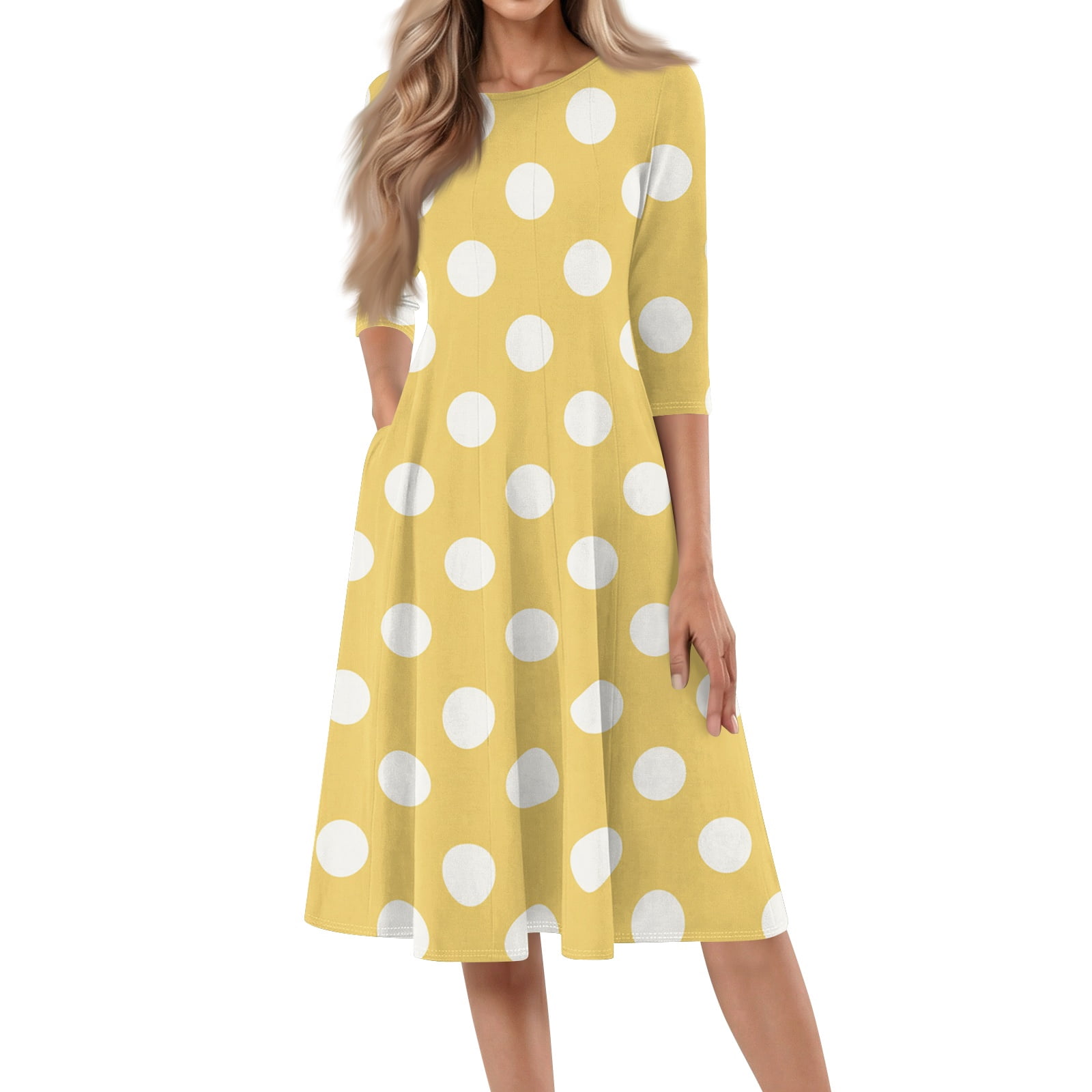 KLHDSF Dresses For Women 2026 Round Neck 3/4 Sleeve Polka Dot A-Line ...