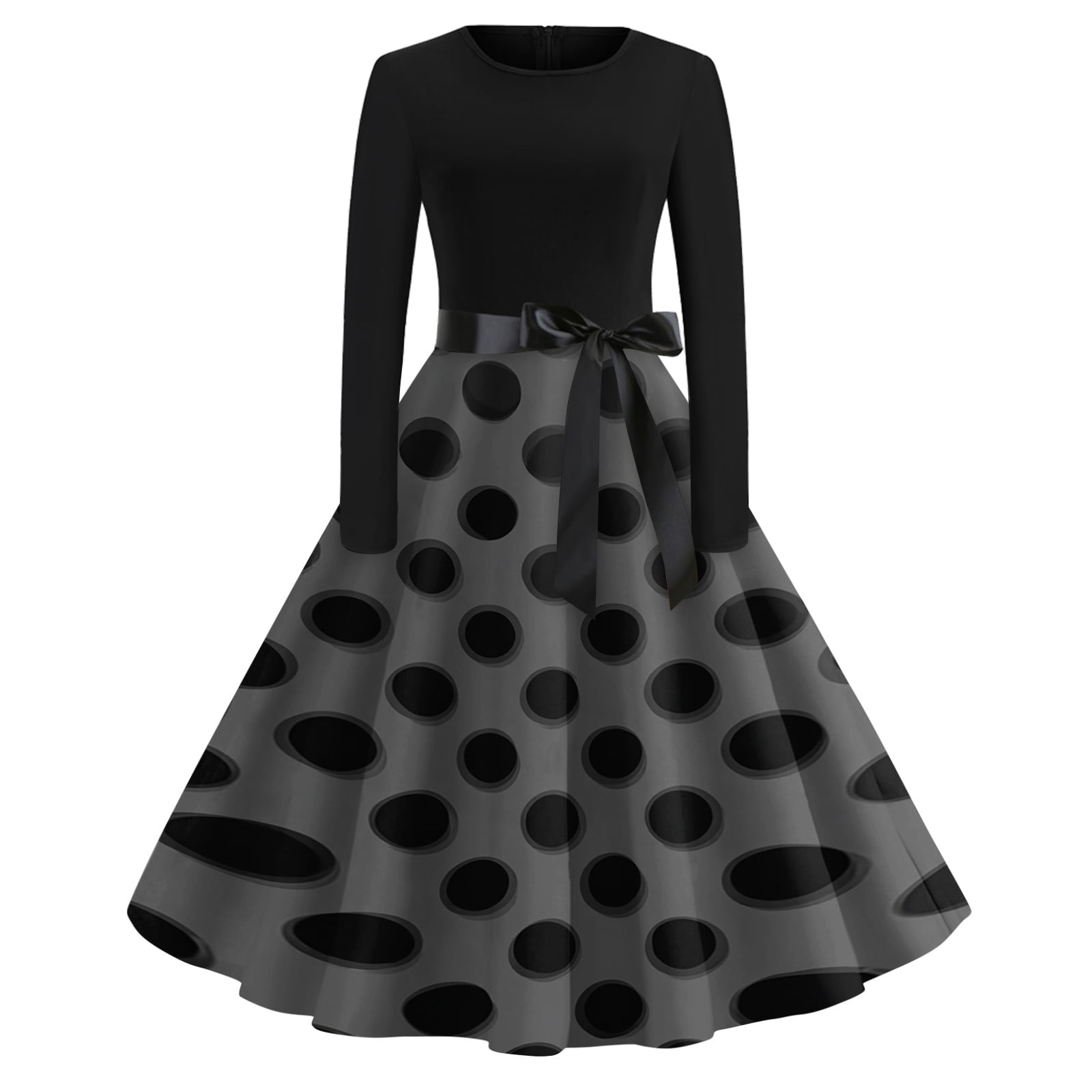 KLHDSF Dresses For Women Vintage Round Neck Long Sleeve Polka Dot ...