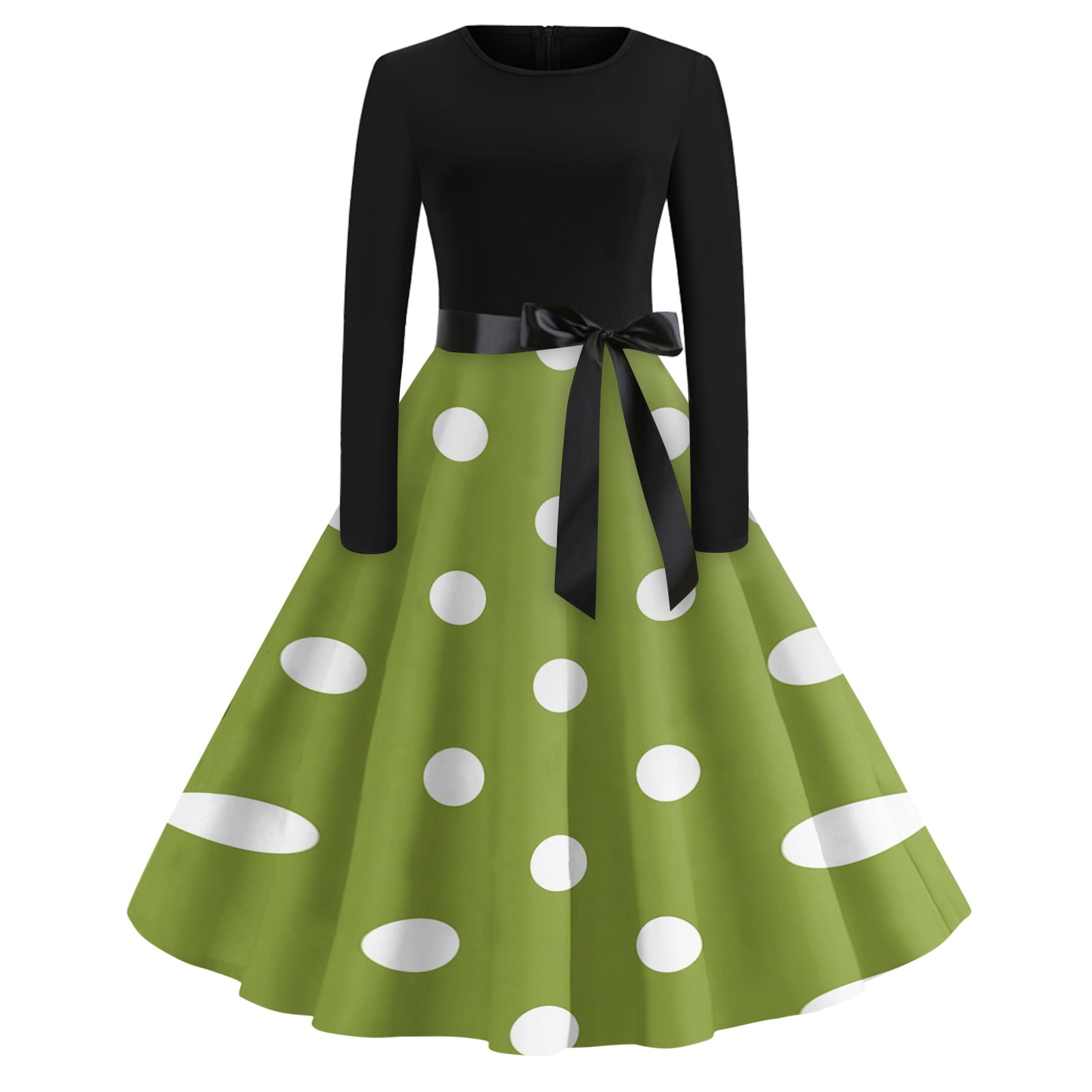KLHDSF Dresses For Women Vintage Round Neck Long Sleeve Polka Dot ...