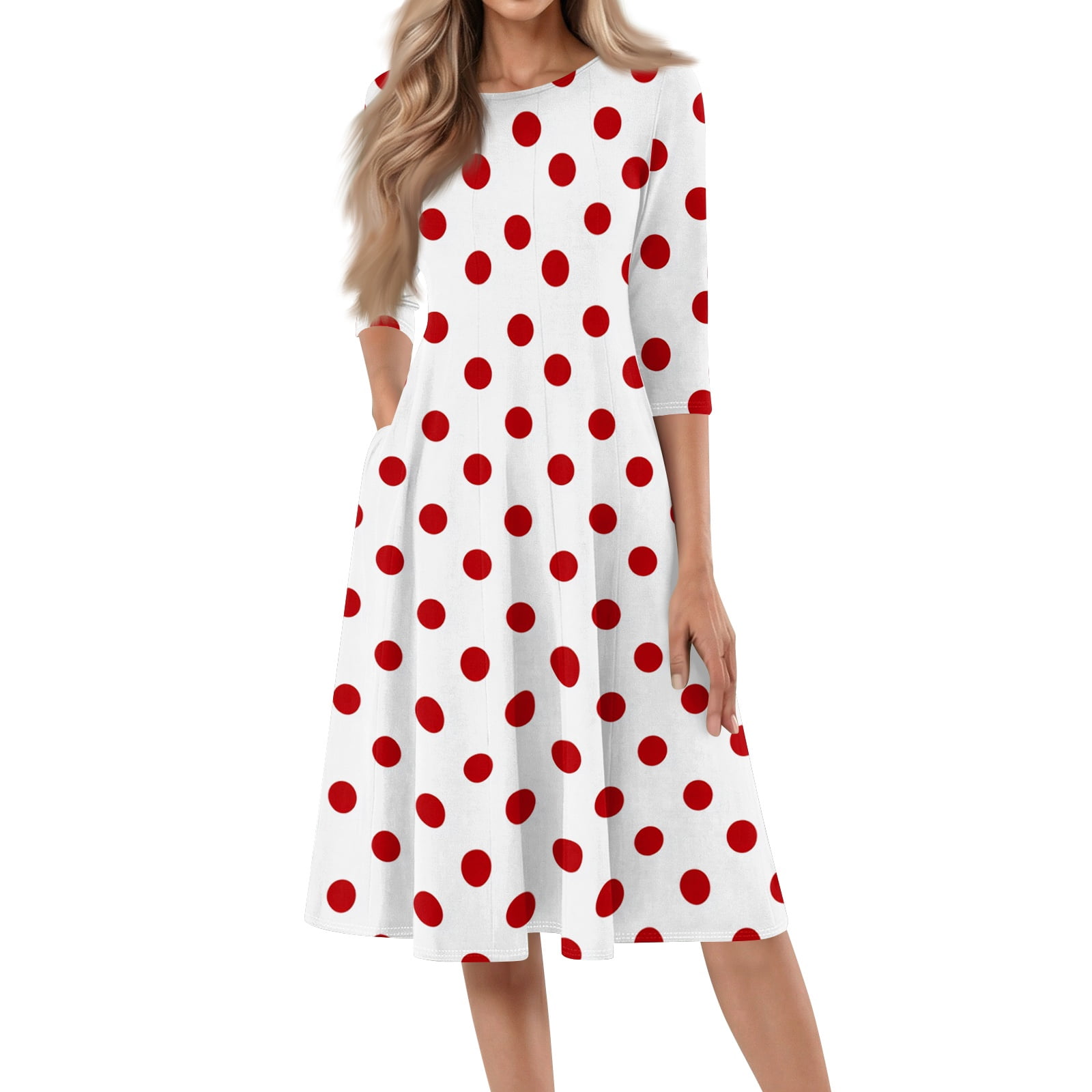 KLHDSF Summer Dresses For Women 2026 Round Neck 3/4 Sleeve Polka Dot A ...