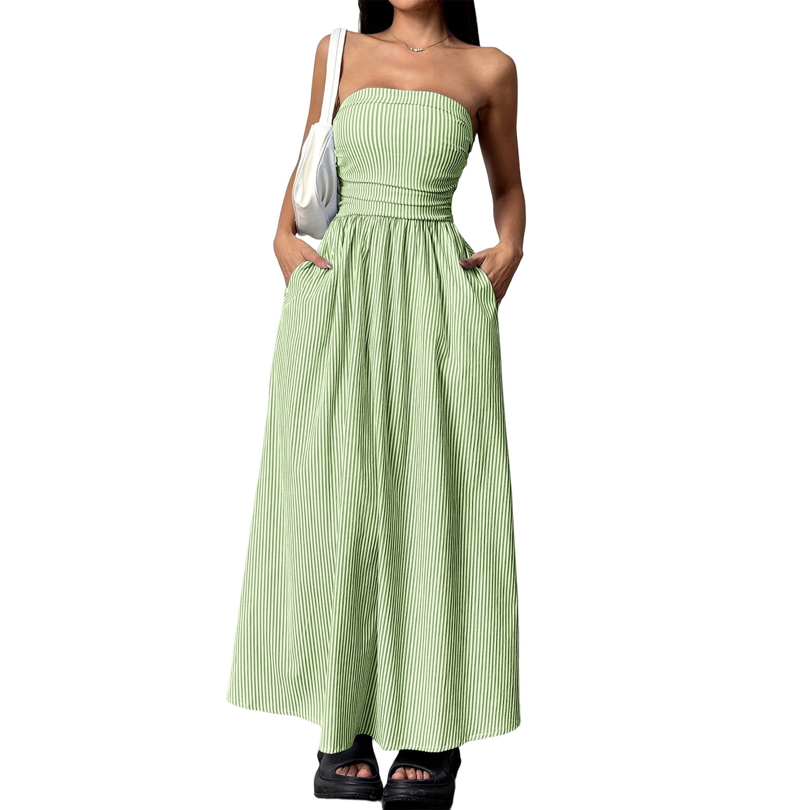 KLHDSF Summer Dresses For Women 2026 Strapless Solid Color Pocketed ...