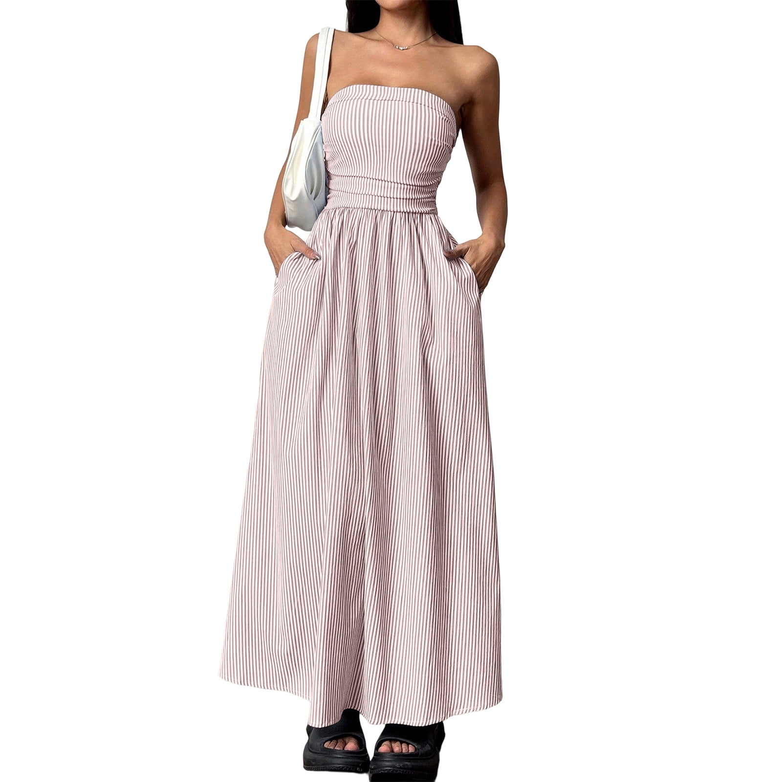 KLHDSF Summer Dresses For Women 2026 Strapless Solid Color Pocketed ...