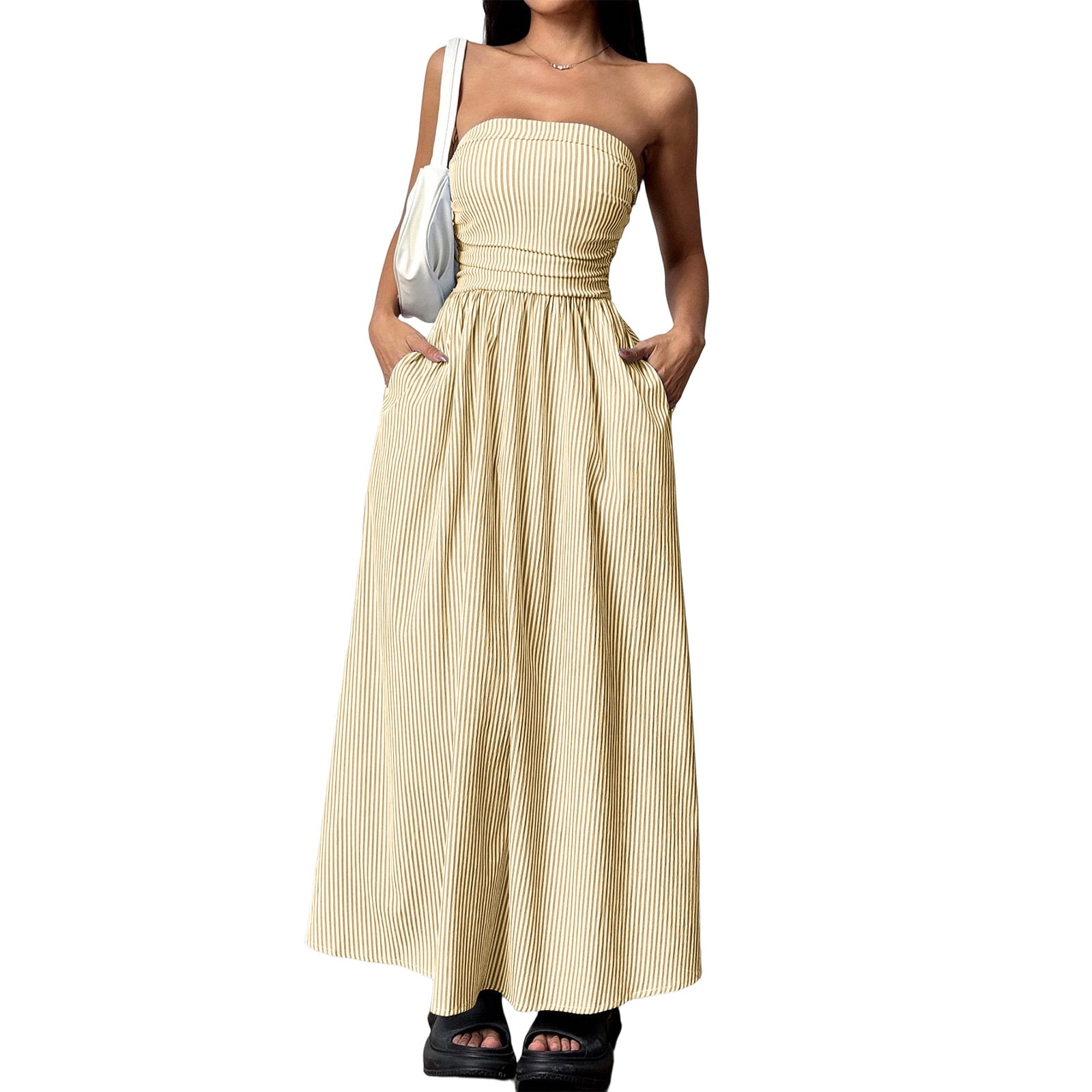 KLHDSF Summer Dresses For Women 2026 Strapless Solid Color Pocketed ...