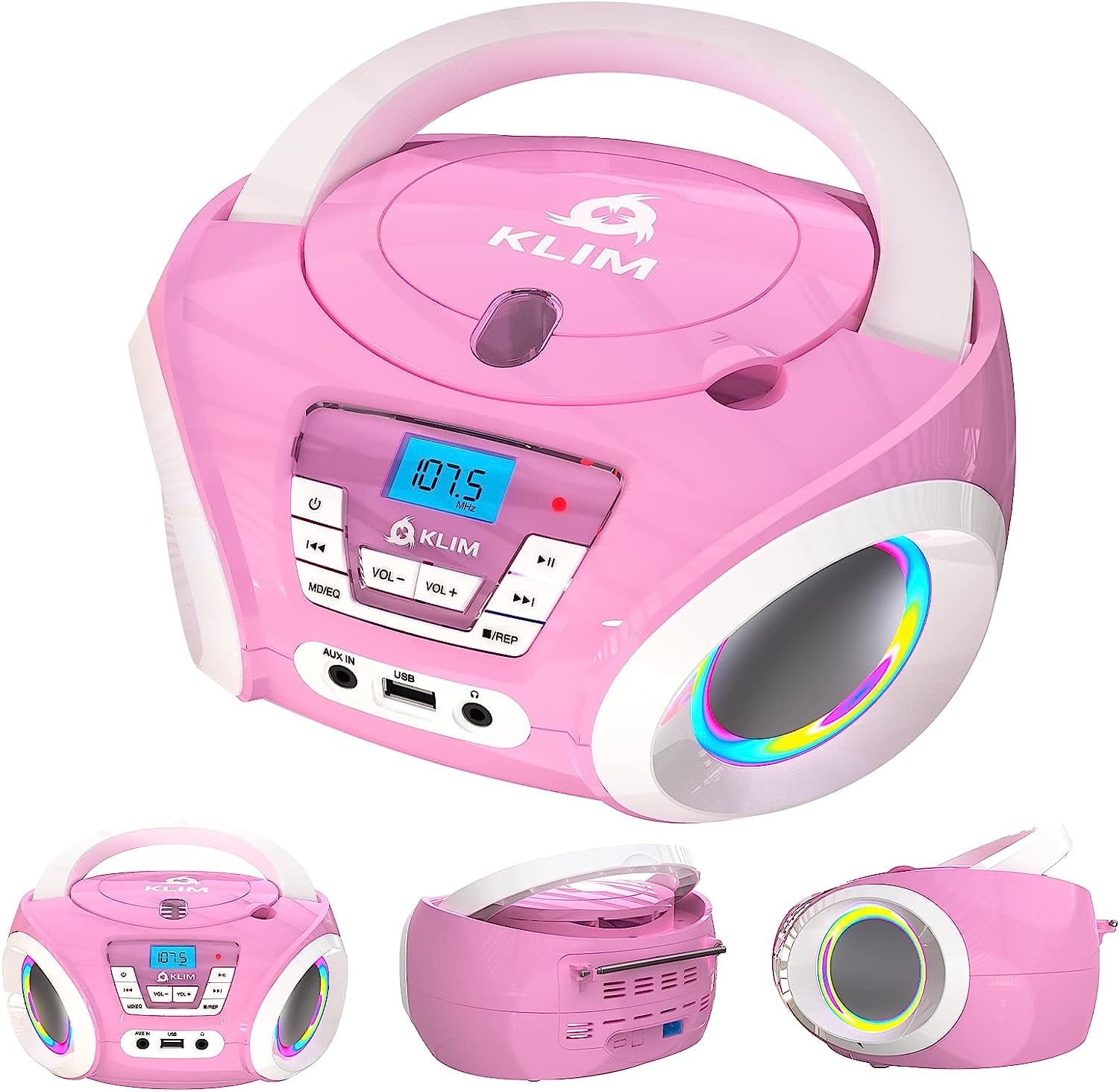 KLIM Candy Kids Portable Boombox, Pink CD Player and FM Radio with RGB ...