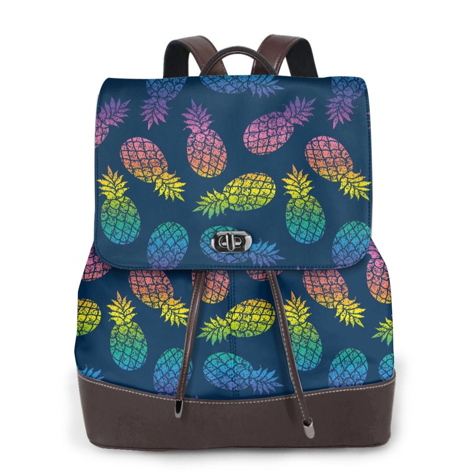 KLL Abstract Bright Pineapple Fruit Retro Print Leather Backpack,PU ...