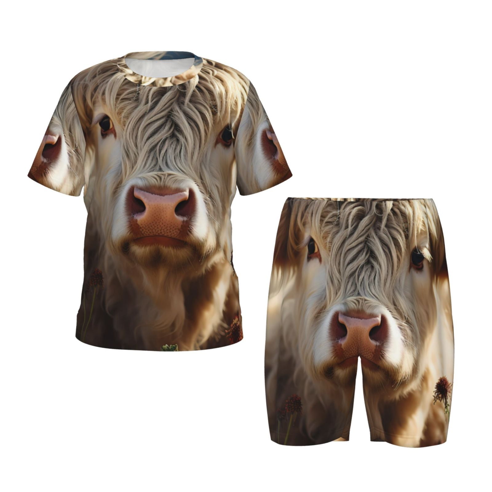 KLL Adorable Flower Field Cow Print Kids' Short-Sleeved Pajama Set,Soft ...