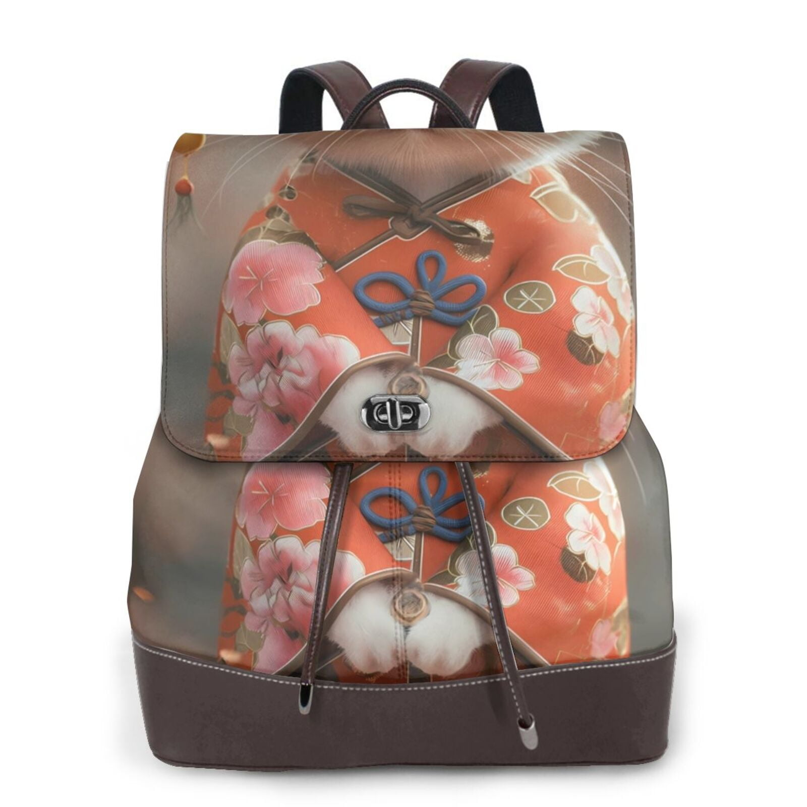 KLL Adorable Kitten In Kimono Print Leather Backpack,PU Leather Laptop ...
