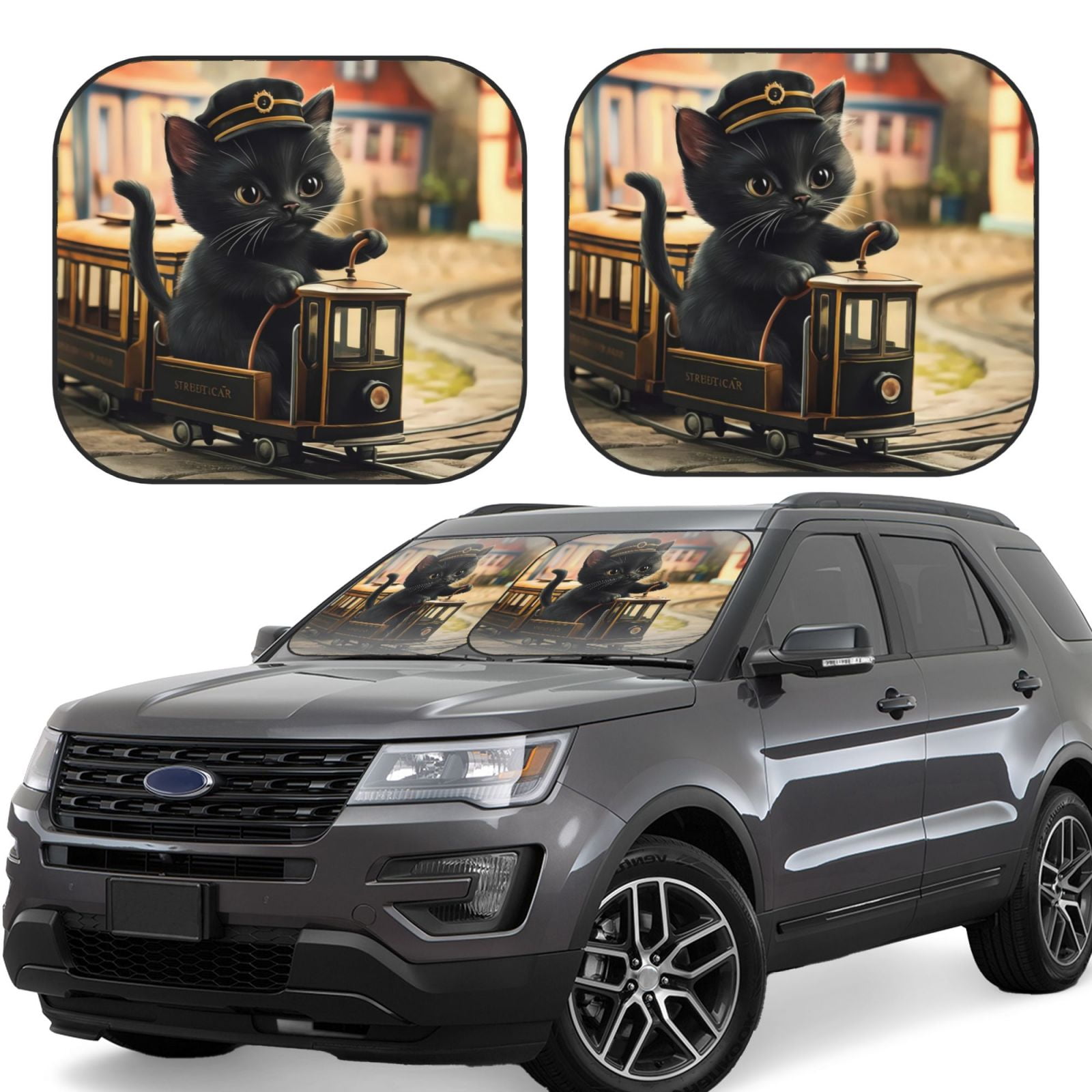 KLL Adorable Kitten On Mini Train Windshield Sun Shade 2-Piece Foldable ...
