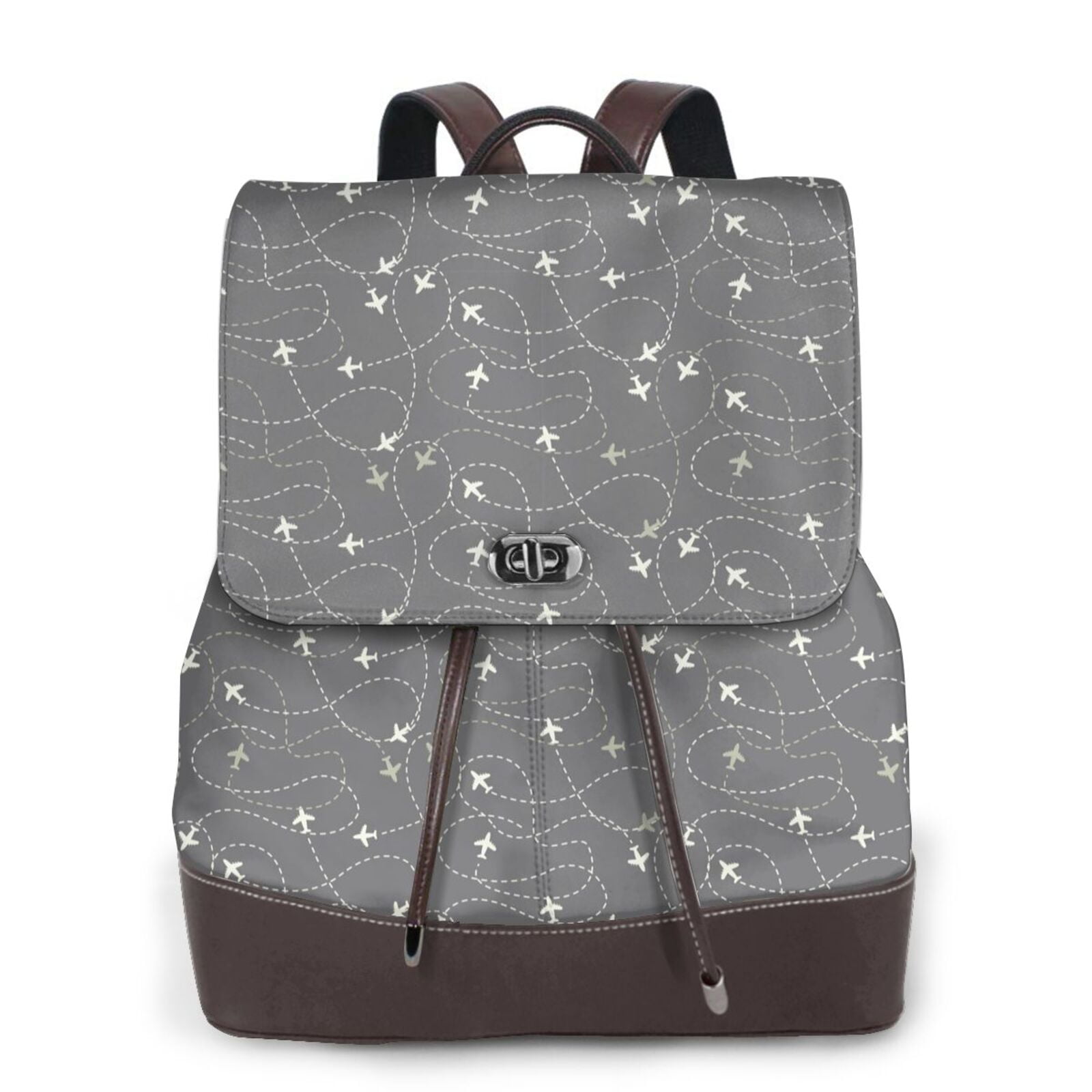 KLL Airplane Routes Around The World Print Leather Backpack,PU Leather ...