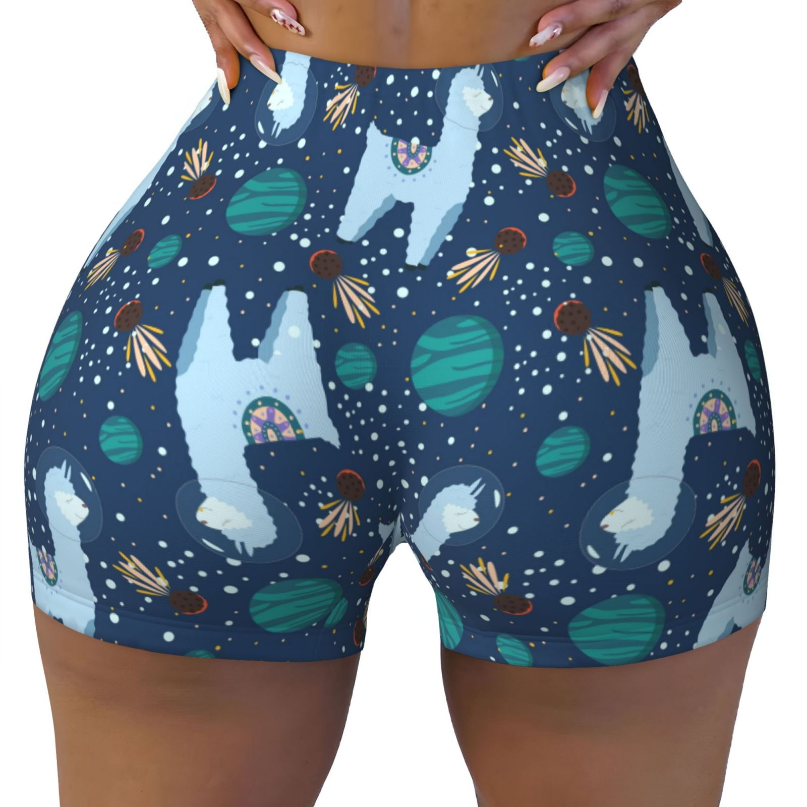 KLL Alpaca Astronaut in Space Pattern Workout Shorts for Women Scrunch ...