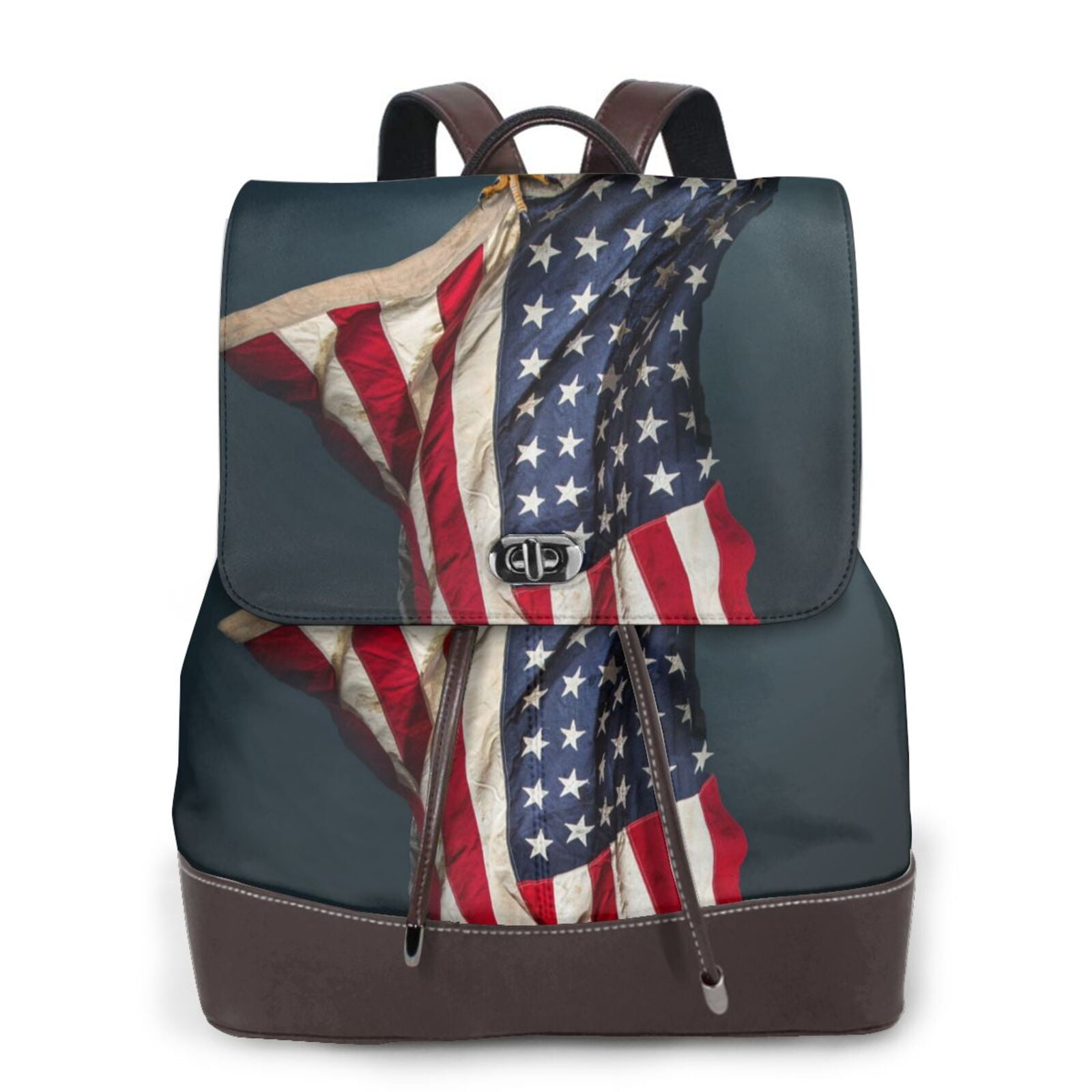 KLL American Flag Print Leather Backpack,PU Leather Laptop Backpack ...