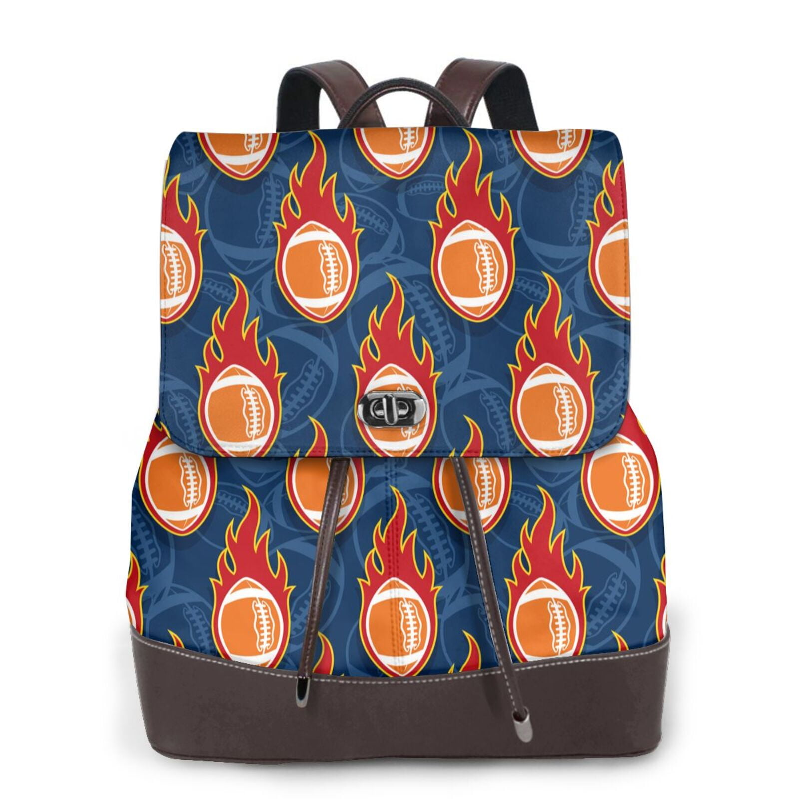 KLL American Football and Fire Flames Print Leather Backpack,PU Leather ...