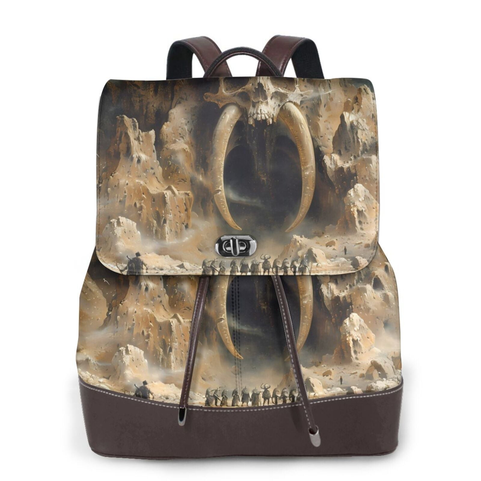 KLL Ancient Skull Cave Landscape Print Leather Backpack,PU Leather ...