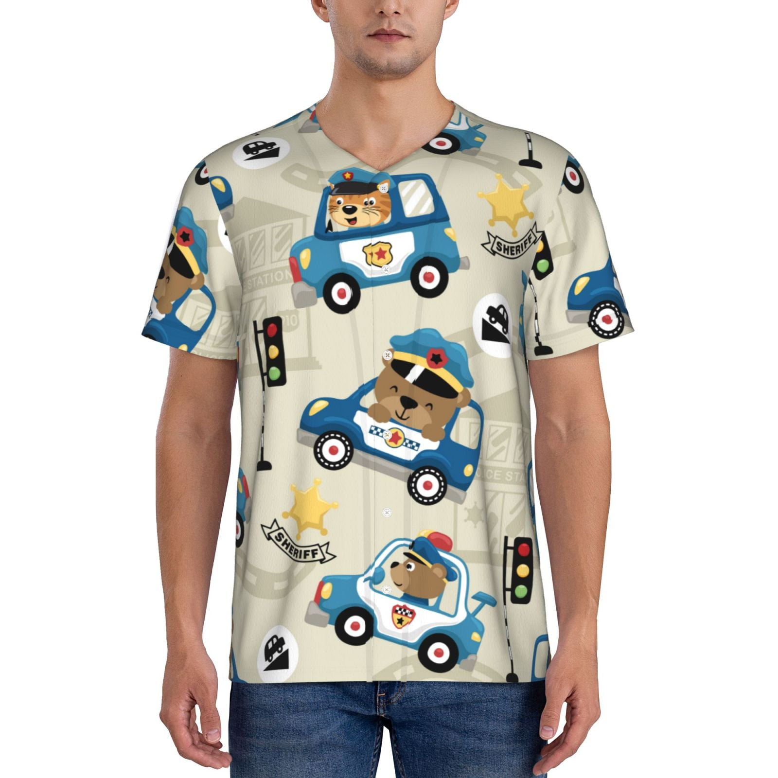 KLL Animals Driving Police Car for Men's Baseball Shirts,Short Sleeve ...