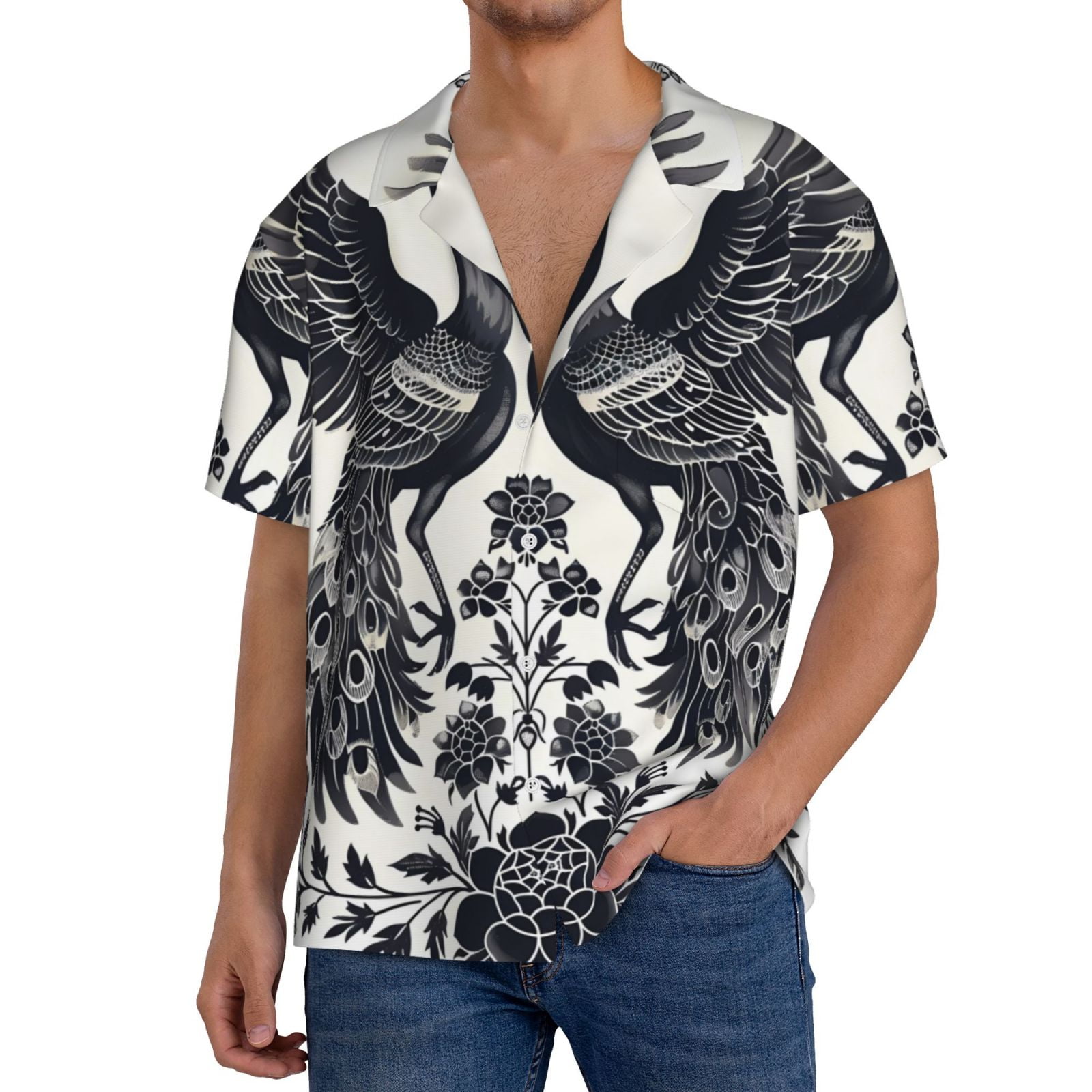 KLL Artistic Black White Peacocks Print Men's Shirt Short Sleeve Button ...