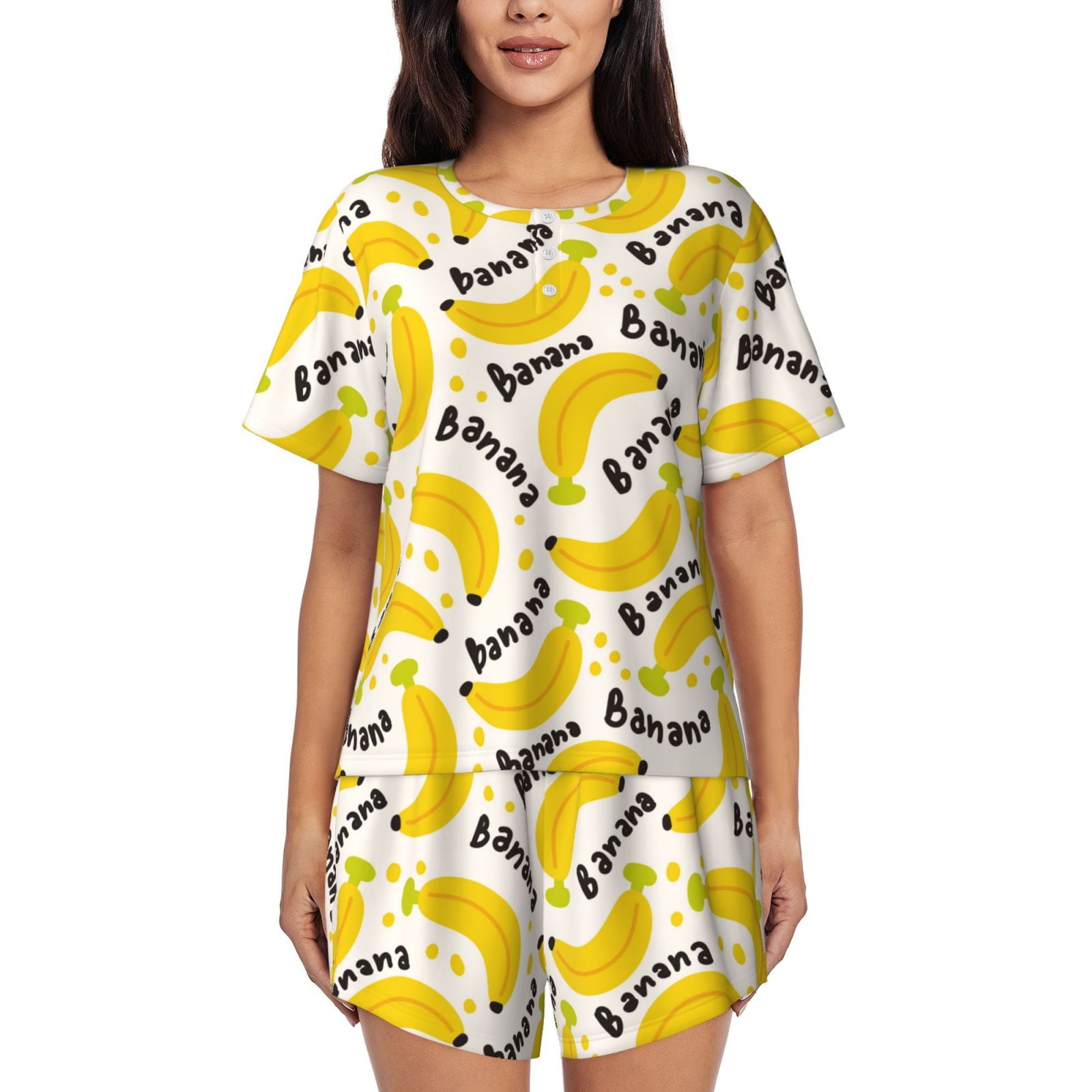 KLL Banana Fruit Print Pajama Set for Women Short Sleeve Sleepwear Pjs ...