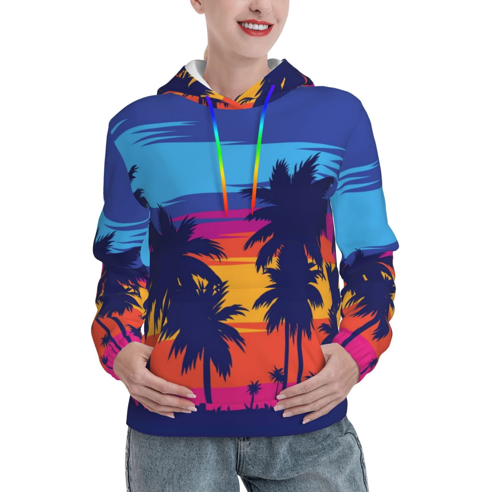 KLL Beach with Palm Trees for Womens Pullover Hoodie with Pocket Hooded ...