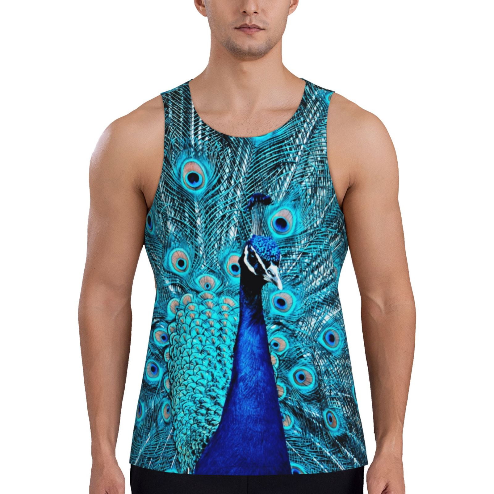KLL Beautiful Blue Peacock Print Men's Muscle Gym Workout Stringer Tank ...