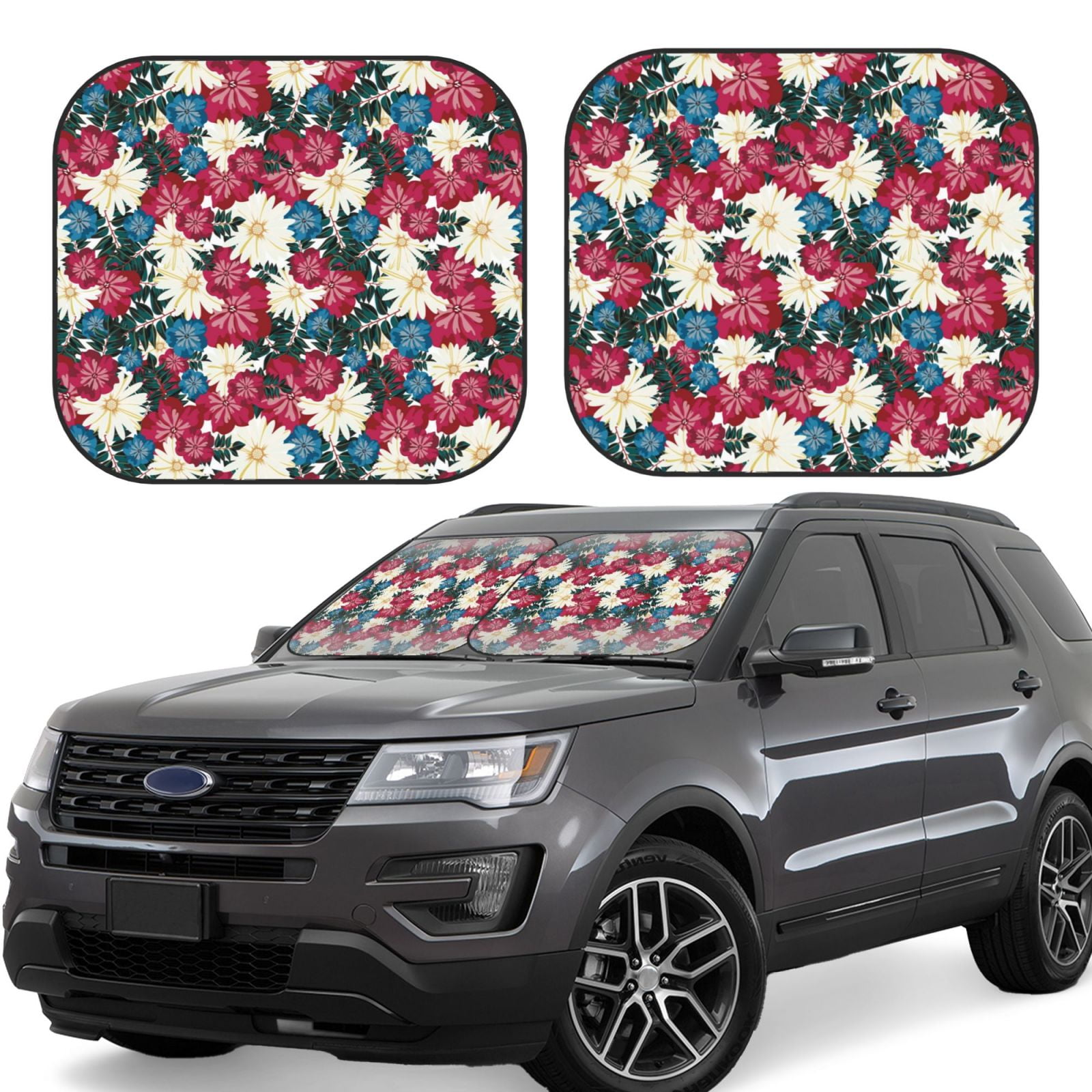 KLL Beautiful Flower Windshield Sun Shade 2-Piece Foldable Car Front ...