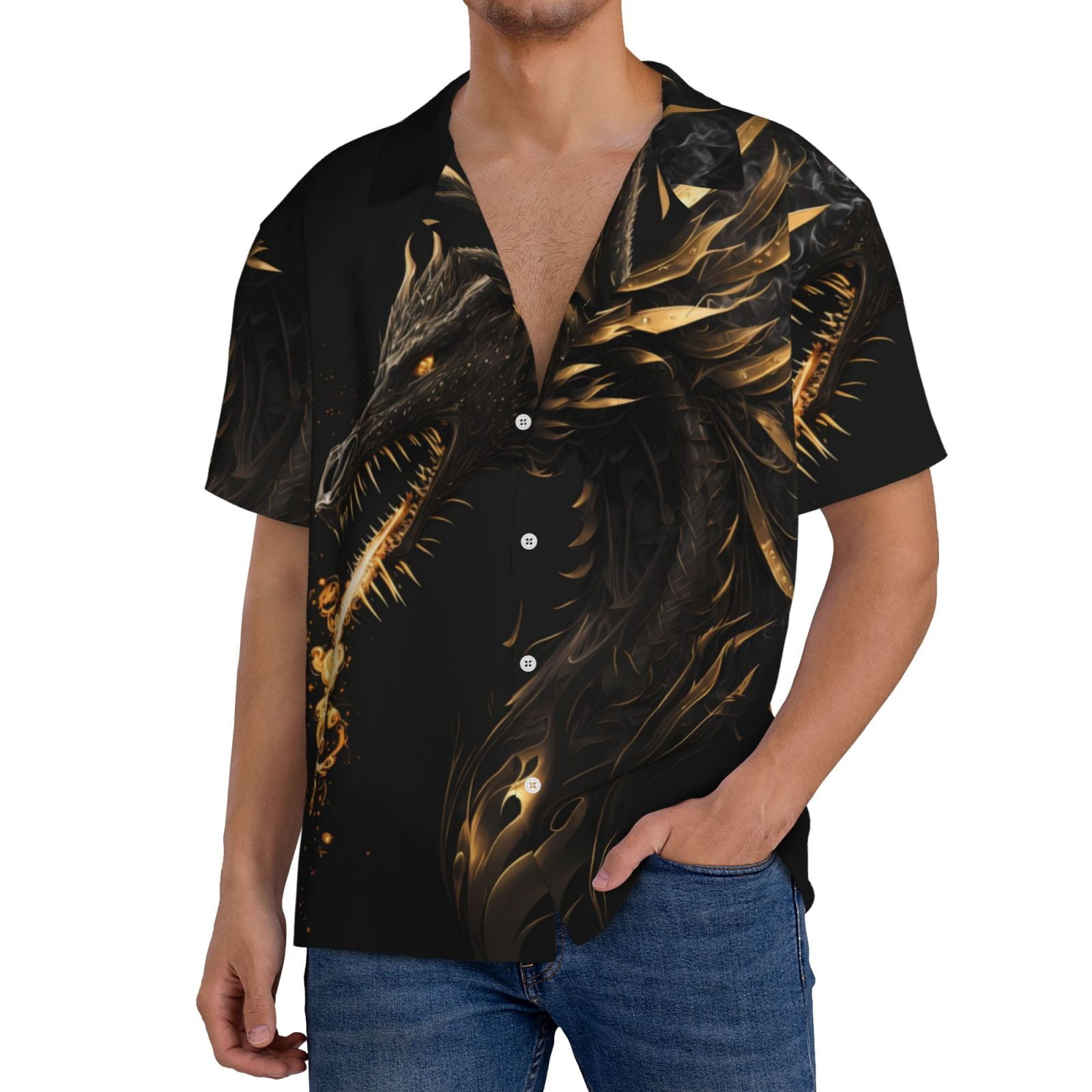 KLL Black And Gold Fire Dragon Print Men's Shirt Short Sleeve Button ...