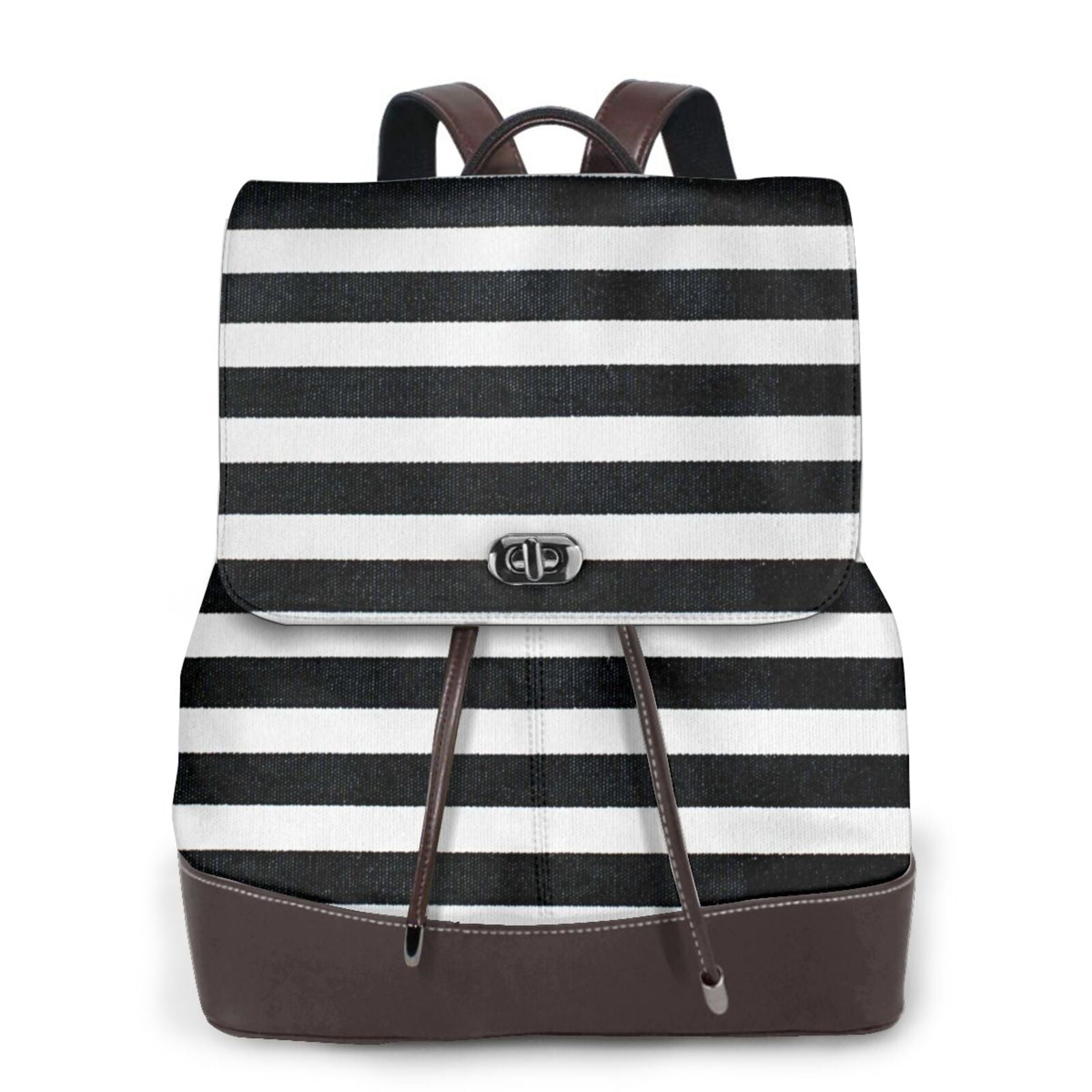 KLL Black And White Stripes Print Leather Backpack,PU Leather Laptop ...