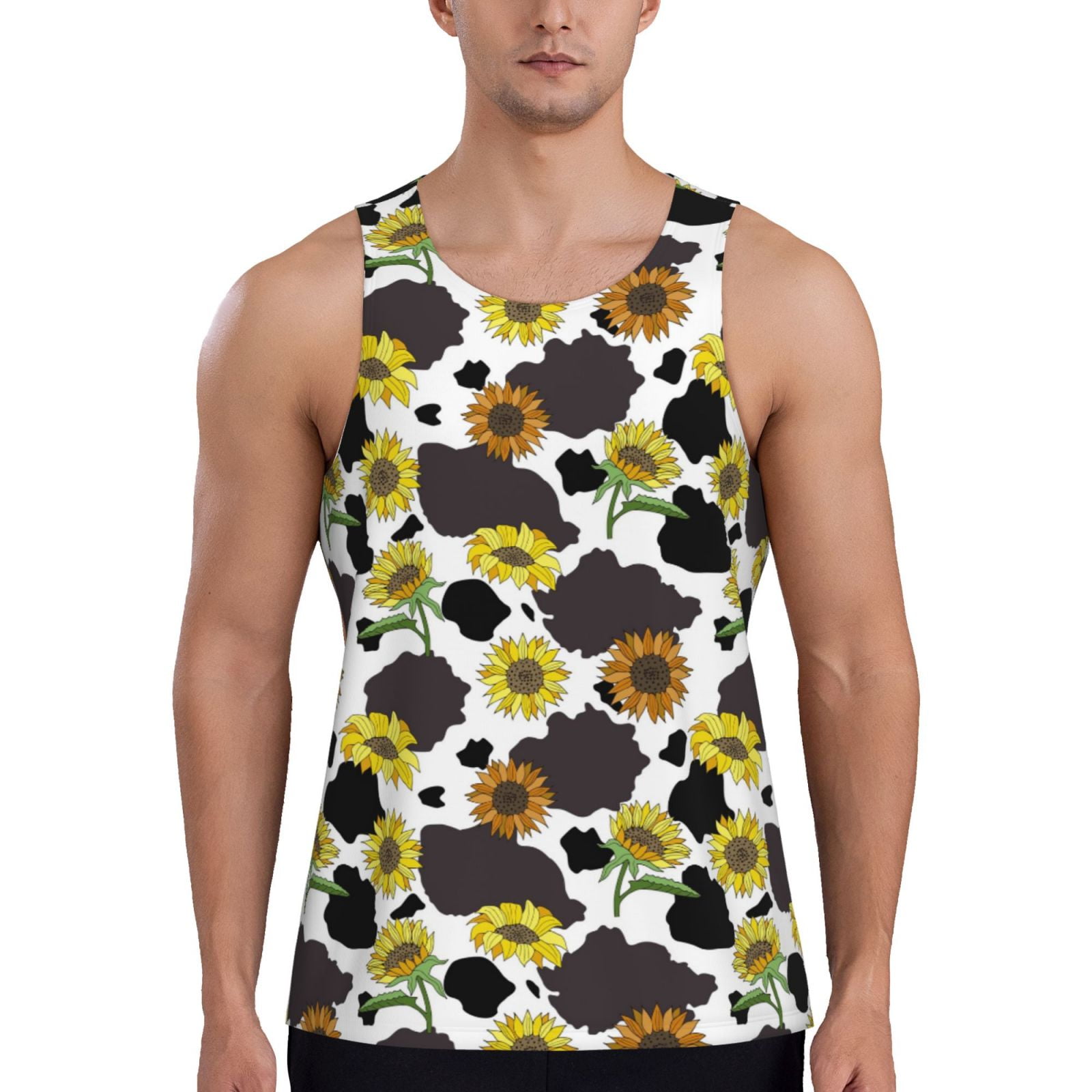 KLL Black Cow Sunflowers Print Men's Muscle Gym Workout Stringer Tank ...