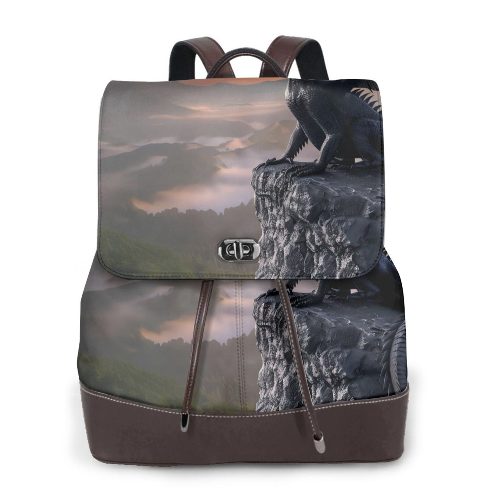 KLL Black Dragon Cliff Dawn Print Leather Backpack,PU Leather Laptop ...