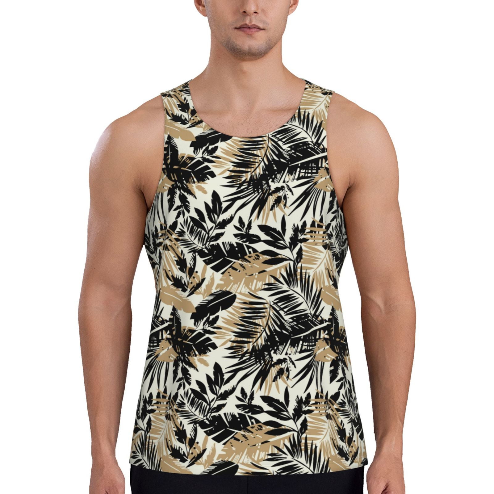 KLL Black Palm Leaves Print Men's Muscle Gym Workout Stringer Tank Tops ...
