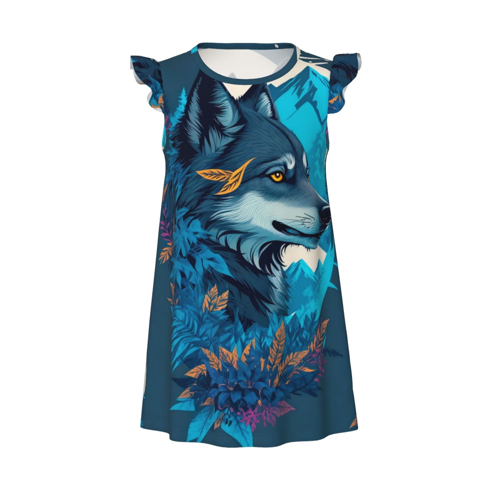 KLL Blue Iceberg Leaf Wolf Print Girls Nightgowns Pajamas for Girl ...