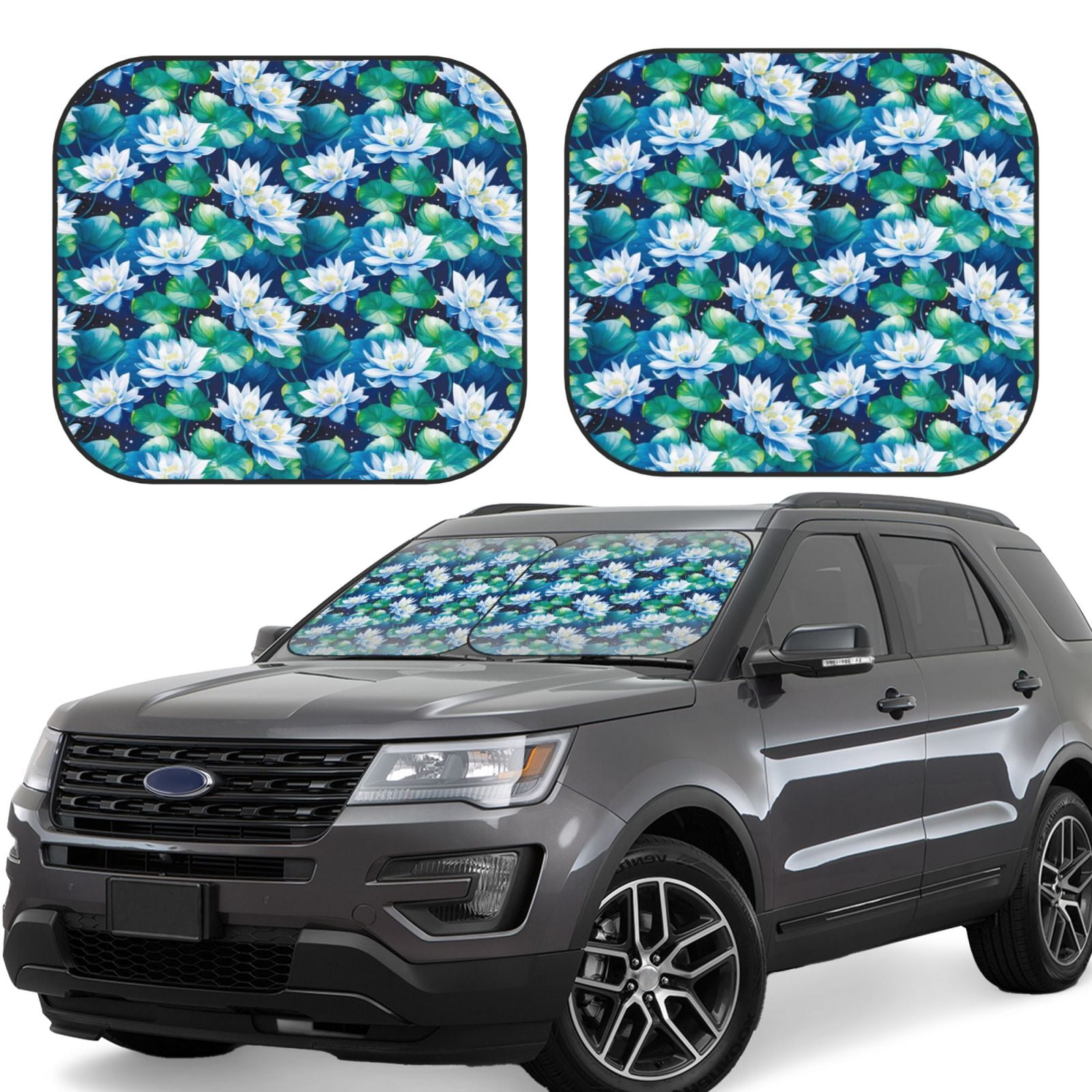 KLL Blue Lotus Flower Windshield Sun Shade 2-Piece Foldable Car Front ...