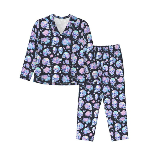 KLL Blue Skull Flower Print Women's Long Sleeve Pajamas with Pants ...