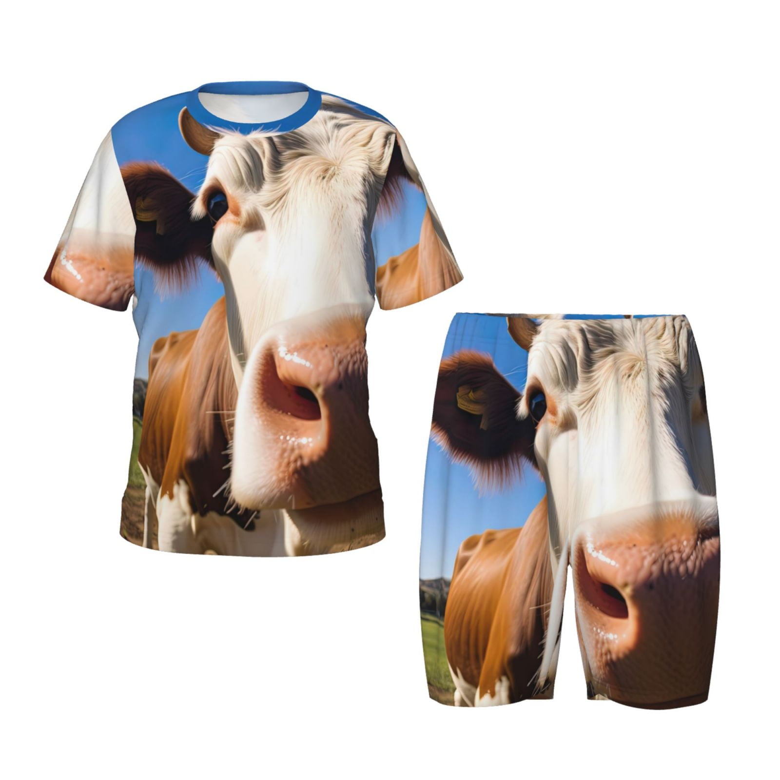 KLL Blue Sky Meadow Cute Cow Print Kids' Short-Sleeved Pajama Set,Soft ...
