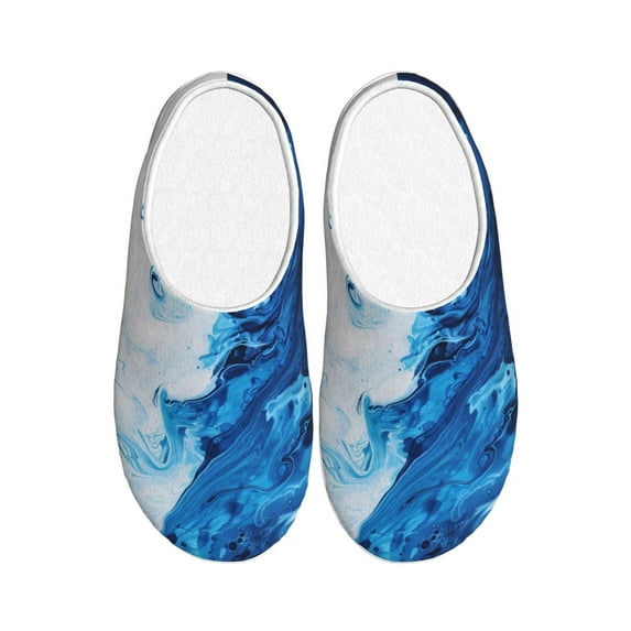 KLL Blue White Fluid Art Pattern Adult Unisex Cozy Slippers,Fuzzy Slip ...